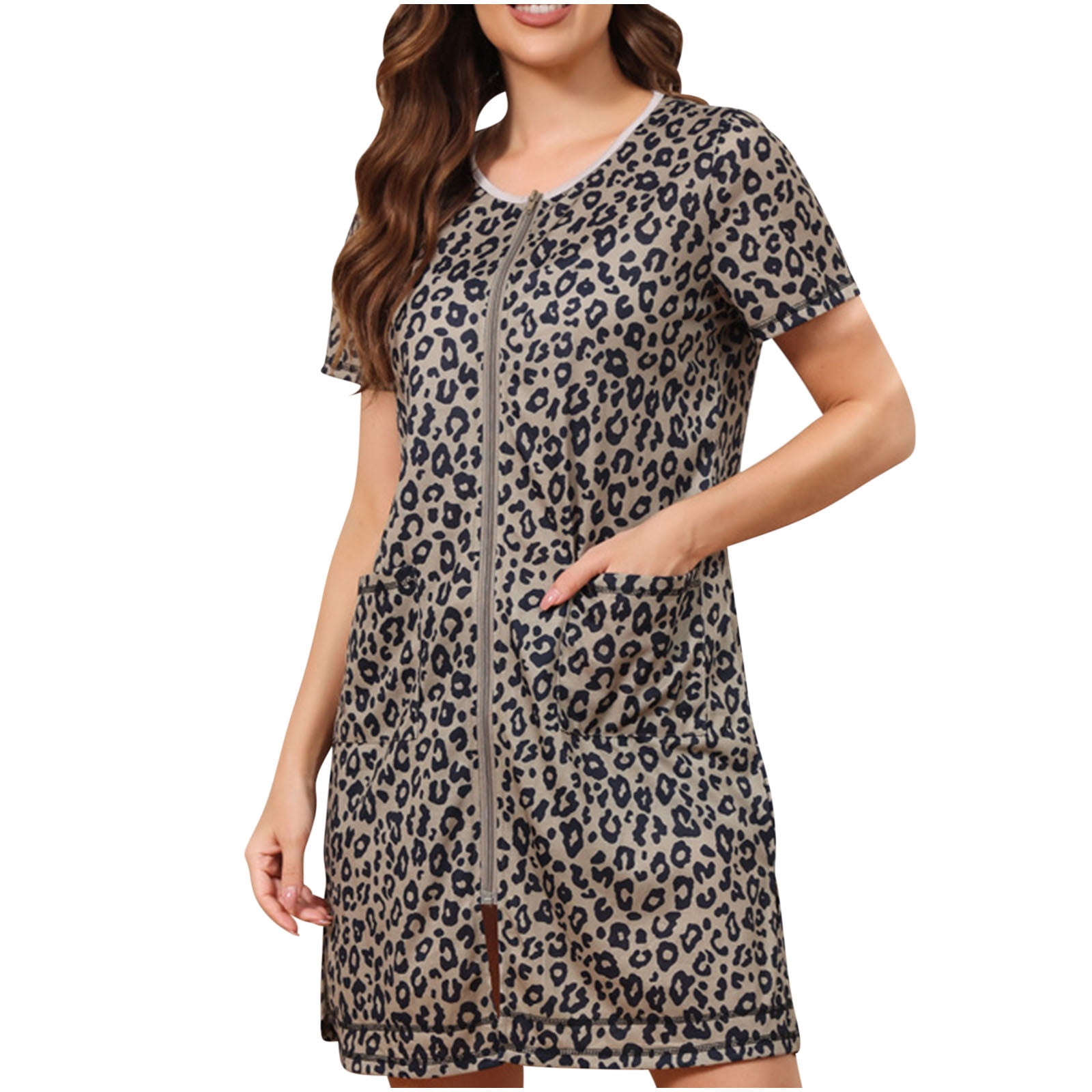 Lovskoo 2024 Women Zipper Front House Coat Short Sleeves Robe Leopard ...