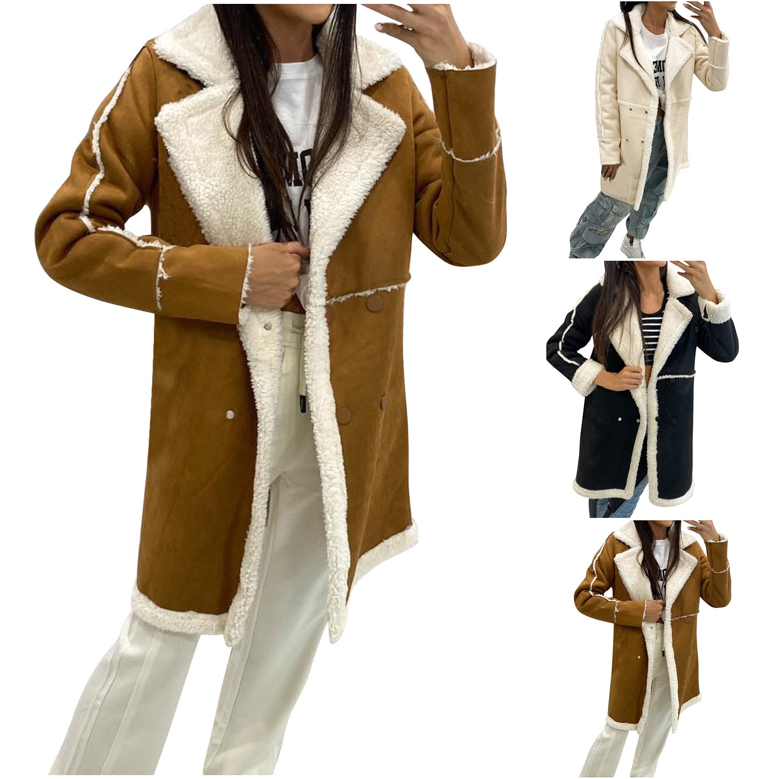 Lovskoo 2024 Women's 2023 Trendy Winter Coat Faux Suede Long Sleeve Lapel Button Thick Warm Faux ...