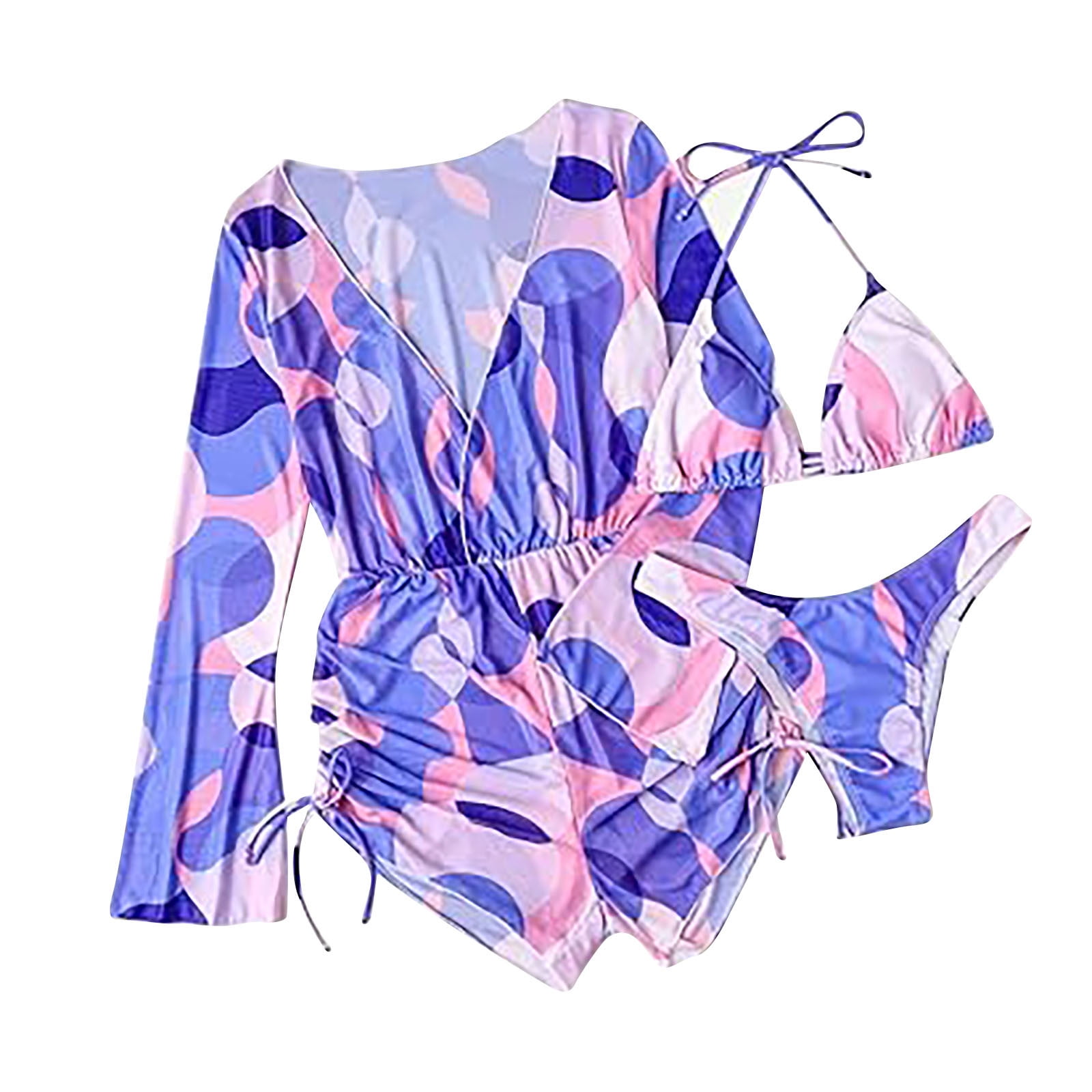 Lovskoo 2024 Women's 3 Piece Swimsuit Trendy Print Halter Drawstring ...