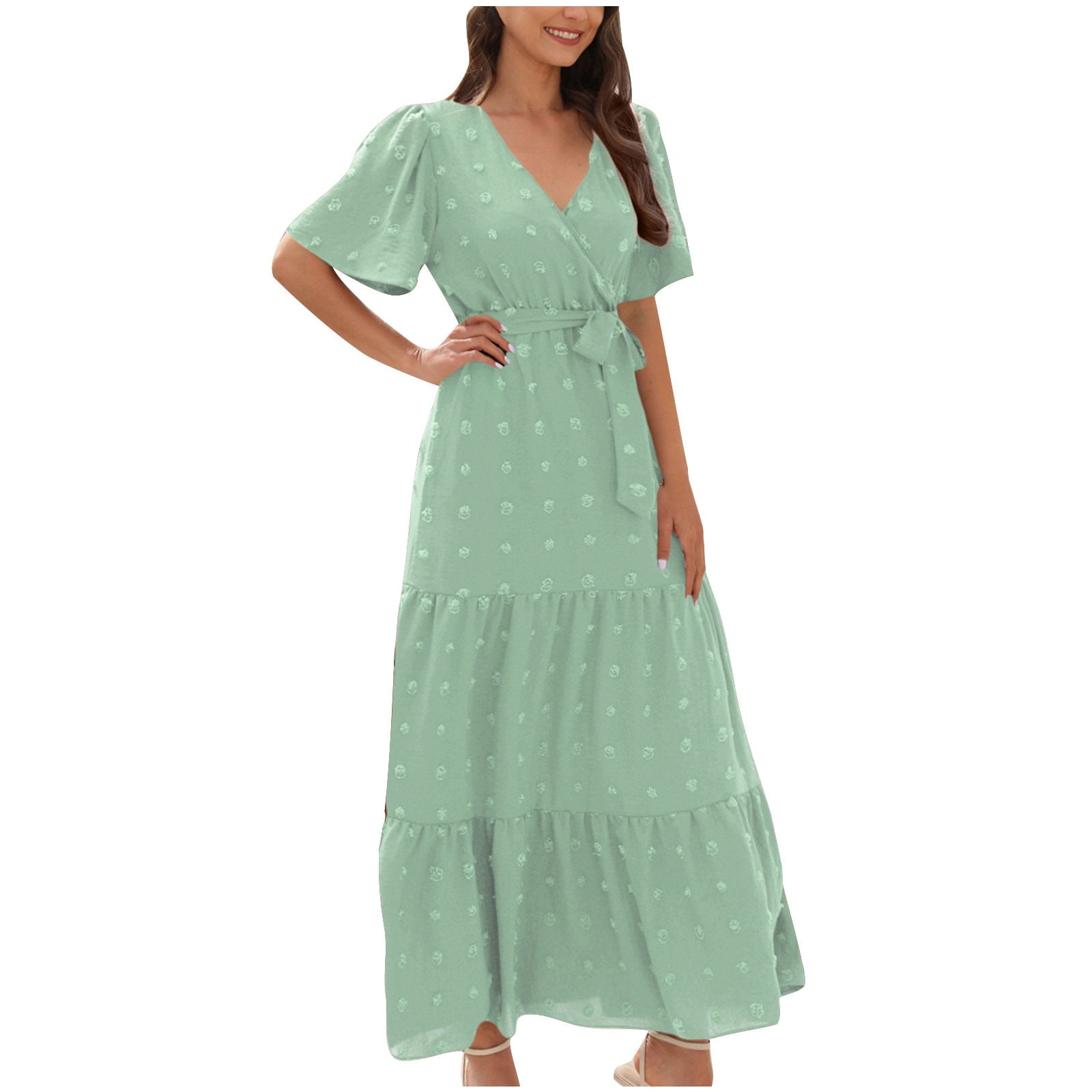 Lovskoo 2024 Women's Boho Swiss Dot Flowy Dresses Floral Wrap Midi ...