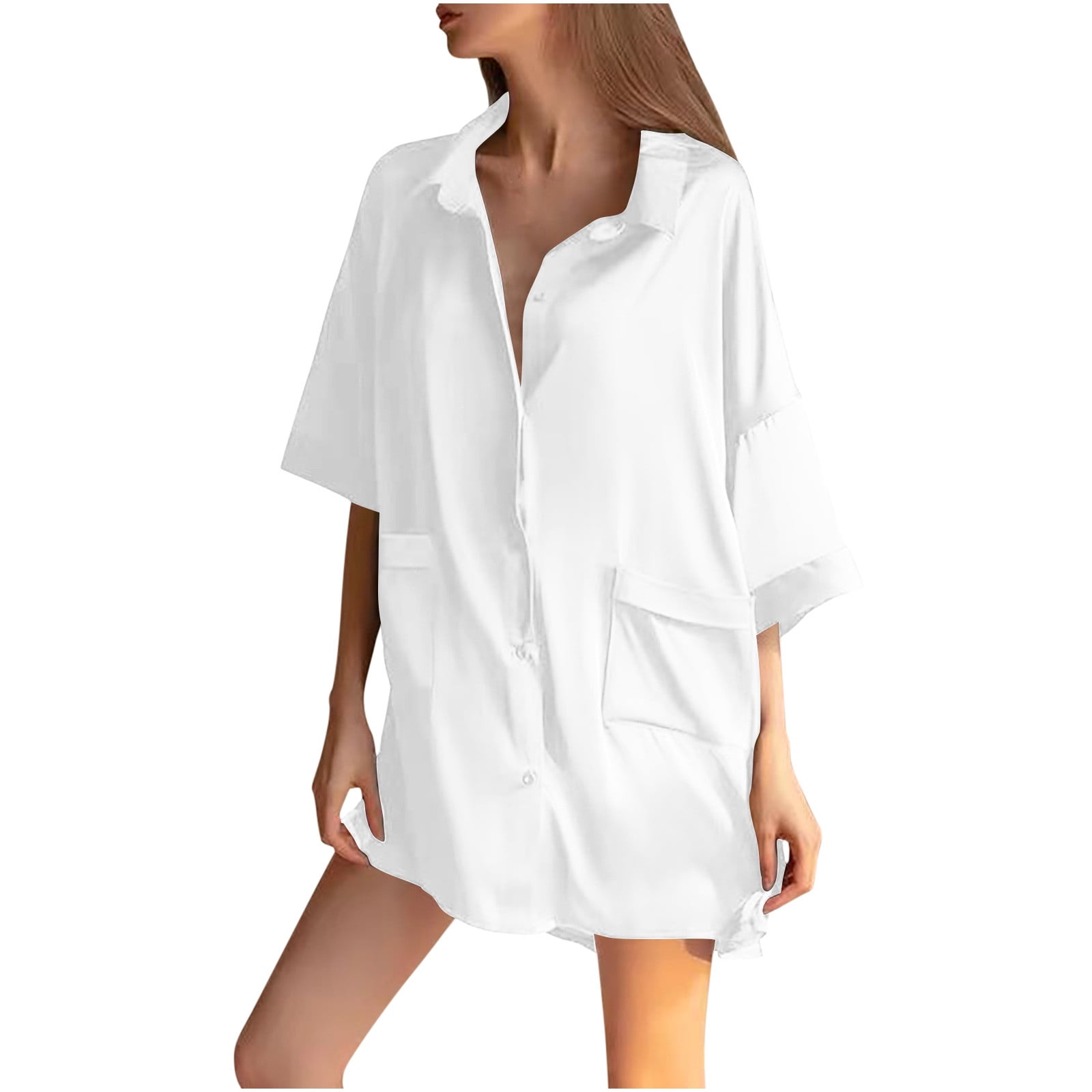 Lovskoo Women's Chiffon Nightshirt Button Down Sleepshirt Silk 3/4 ...