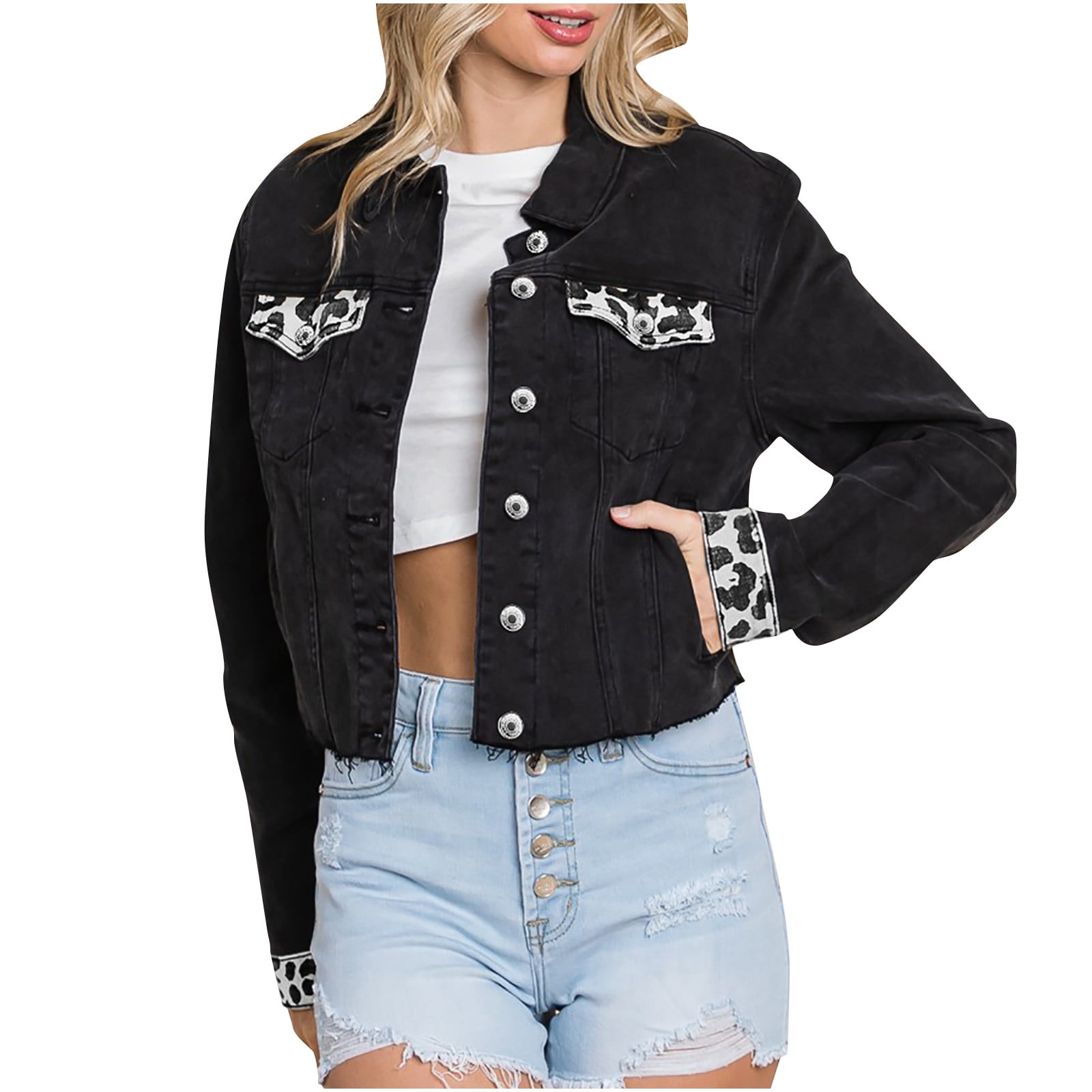 Lovskoo 2024 Women's Cropped Denim Jacket Trucker Coats Patchwork ...