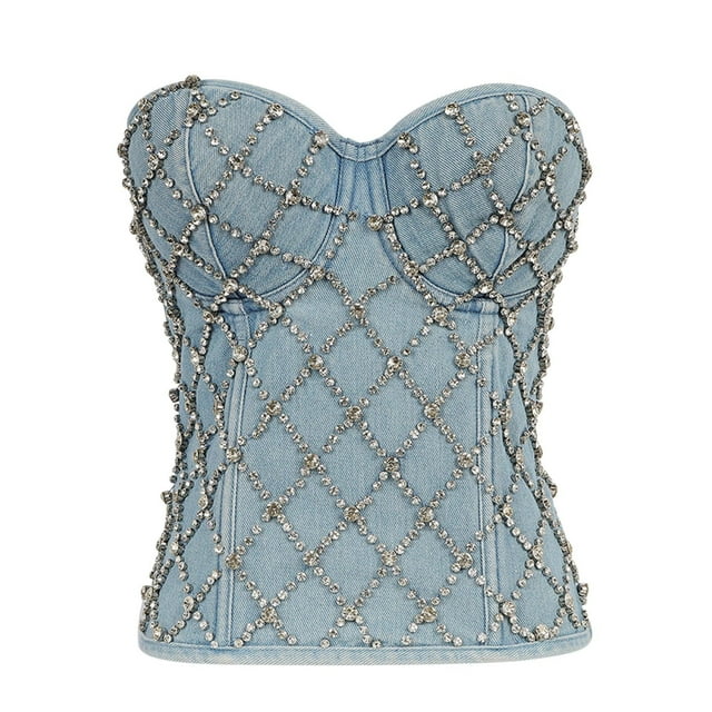 Lovskoo 2024 Women's Denim Rhinestone Corset Top Club Party Bodysuit ...