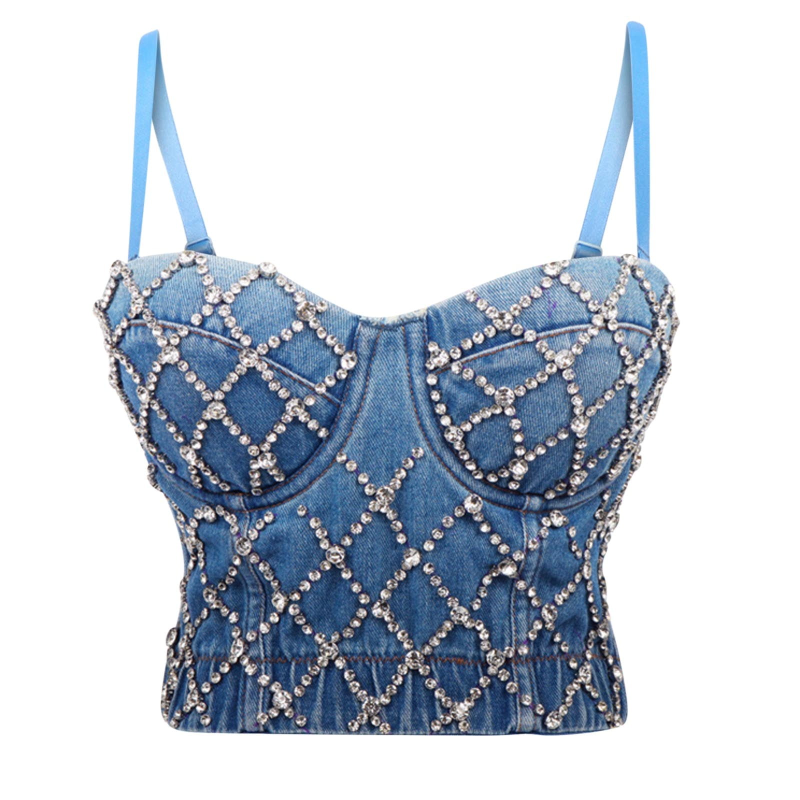 Lovskoo 2024 Women's Denim Rhinestone Corset Top Club Party Bodysuit ...