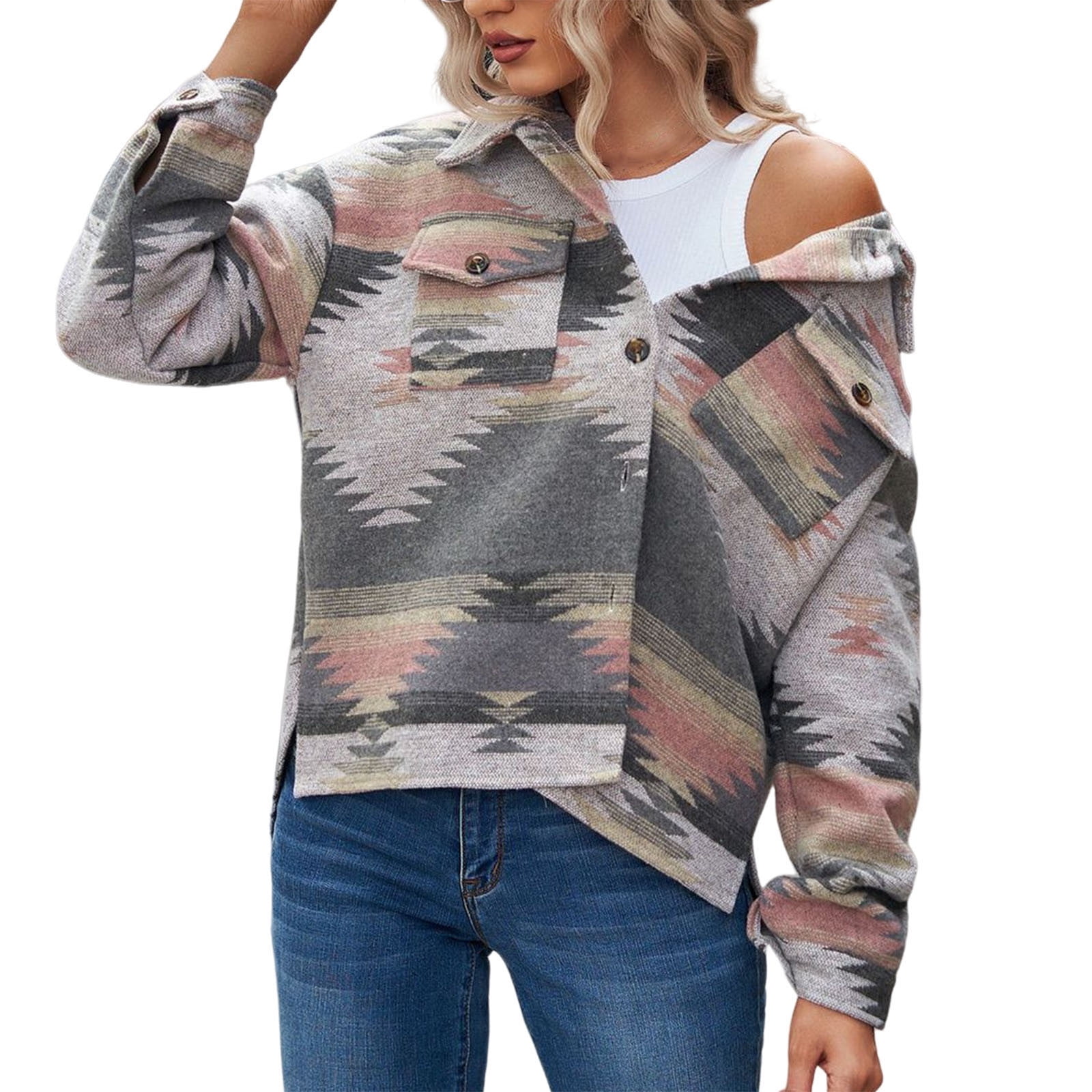 Lovskoo 2024 Women's Flannel Shacket Geometric Button Down Shirt Jacket ...