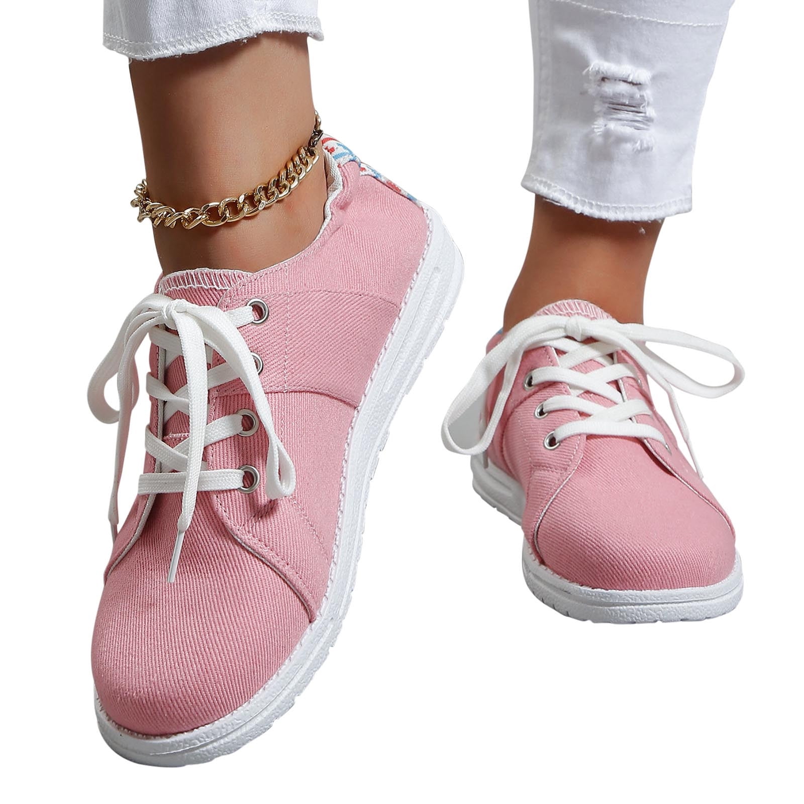 Lovskoo 2024 Women's Flats Shoes Round Toe Large Lace Up Casual Light ...