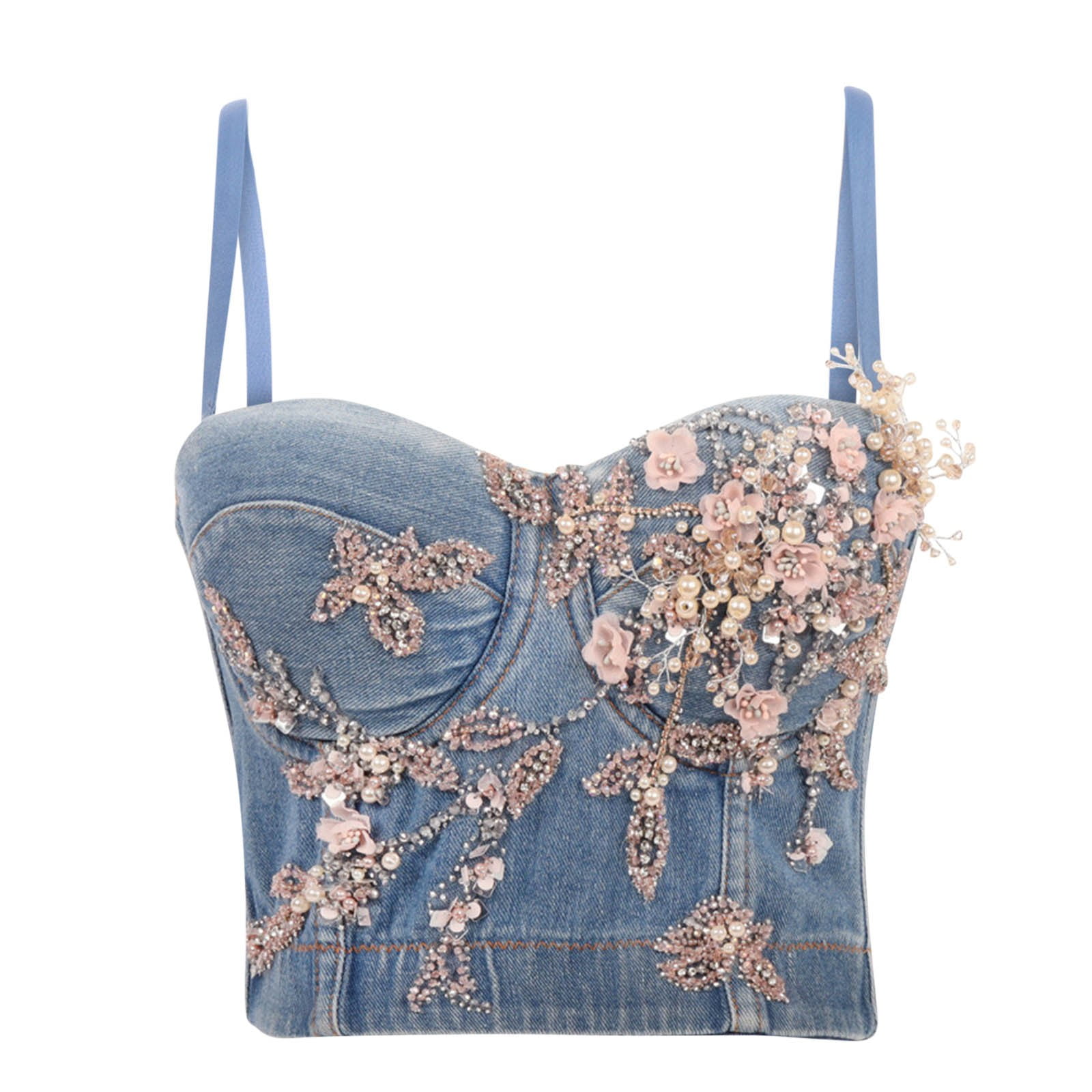Lovskoo 2024 Women's Flower Decor Denim Bustier Crop Top Corset Top ...
