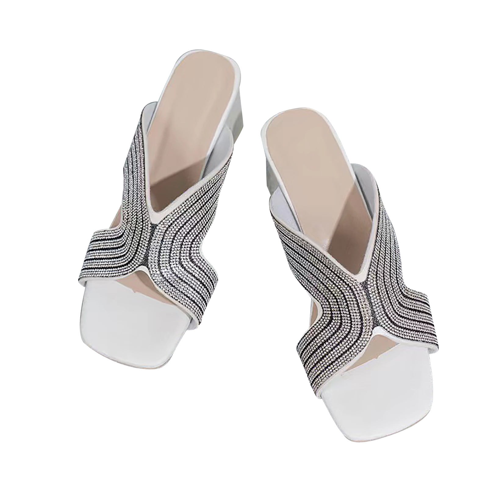Lovskoo 2024 Women's High Heels Slides Open Toe Rhinestone Summer Chunky Heels Mules Square Toe ...
