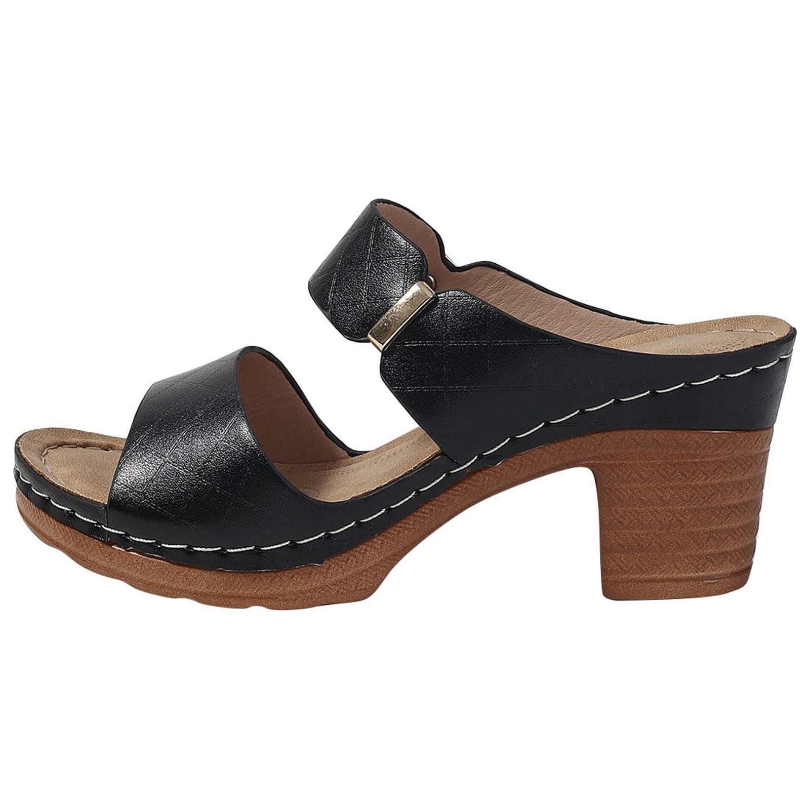 Lovskoo 2024 Women's High Heels Slides Open Toe Summer Leather Strap Chunky Heels Slip on Mules ...