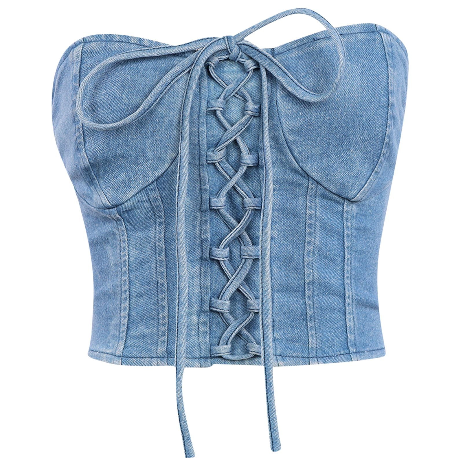 Lovskoo 2024 Women's Lace Up Denim Tube Tops Strapless Sleeveless Y2K ...