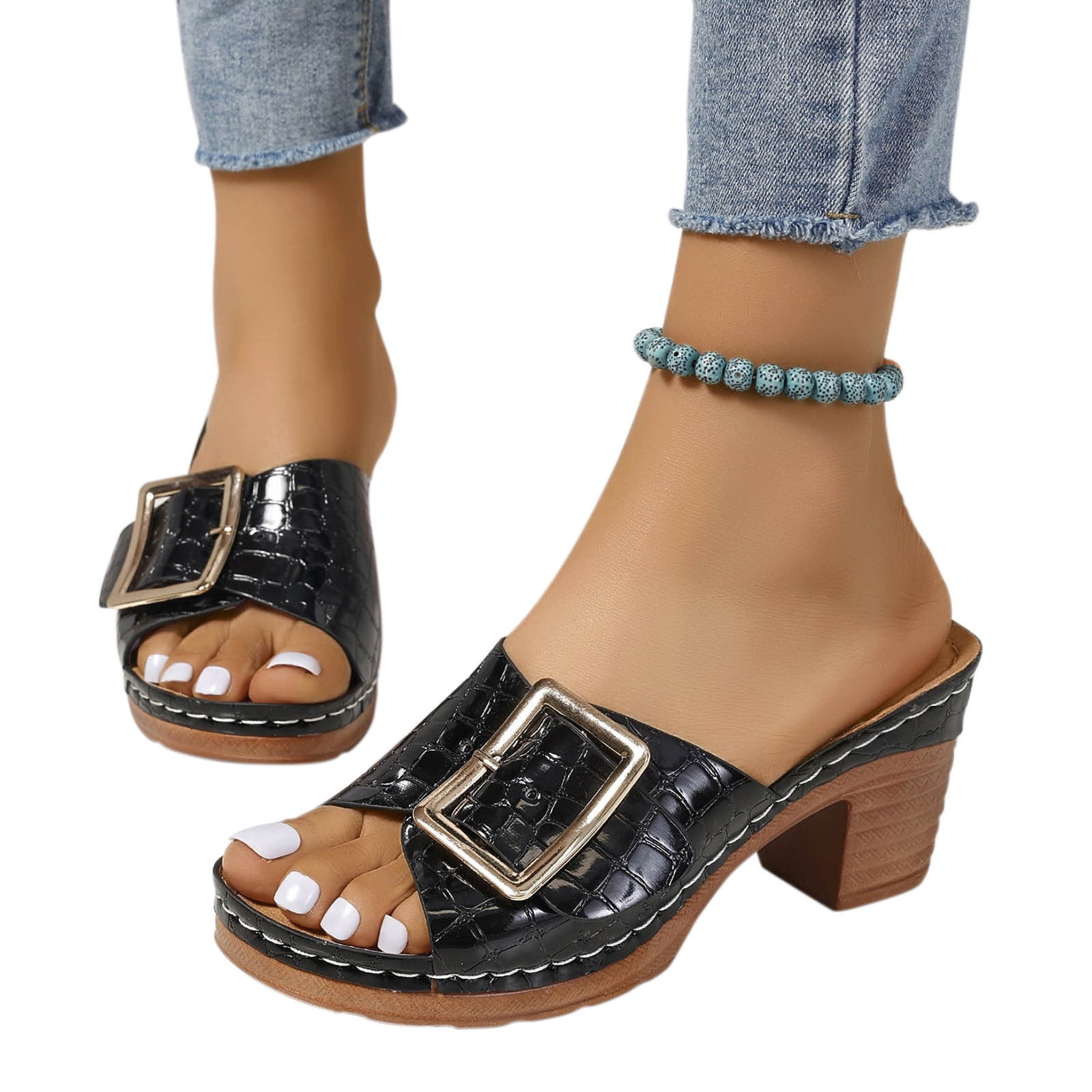 Lovskoo 2024 Women's Low Heels Slides Open Toe Summer High Heel Mules Outer Sandals Metal ...