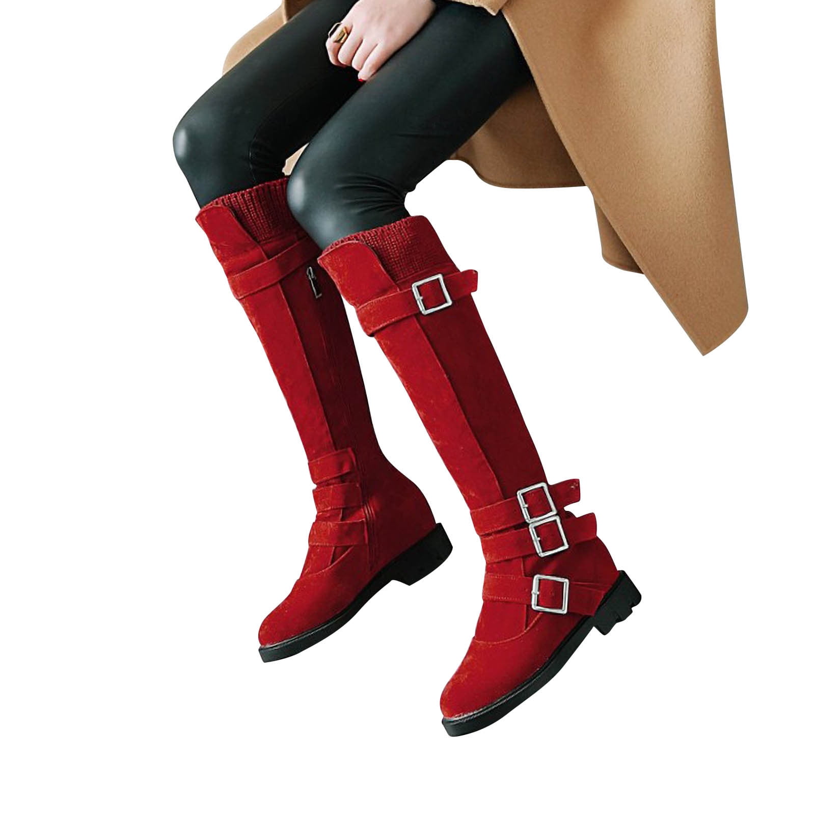 Lovskoo 2024 Women's Middle Knee High Boots Round Toe Platform Fleece ...