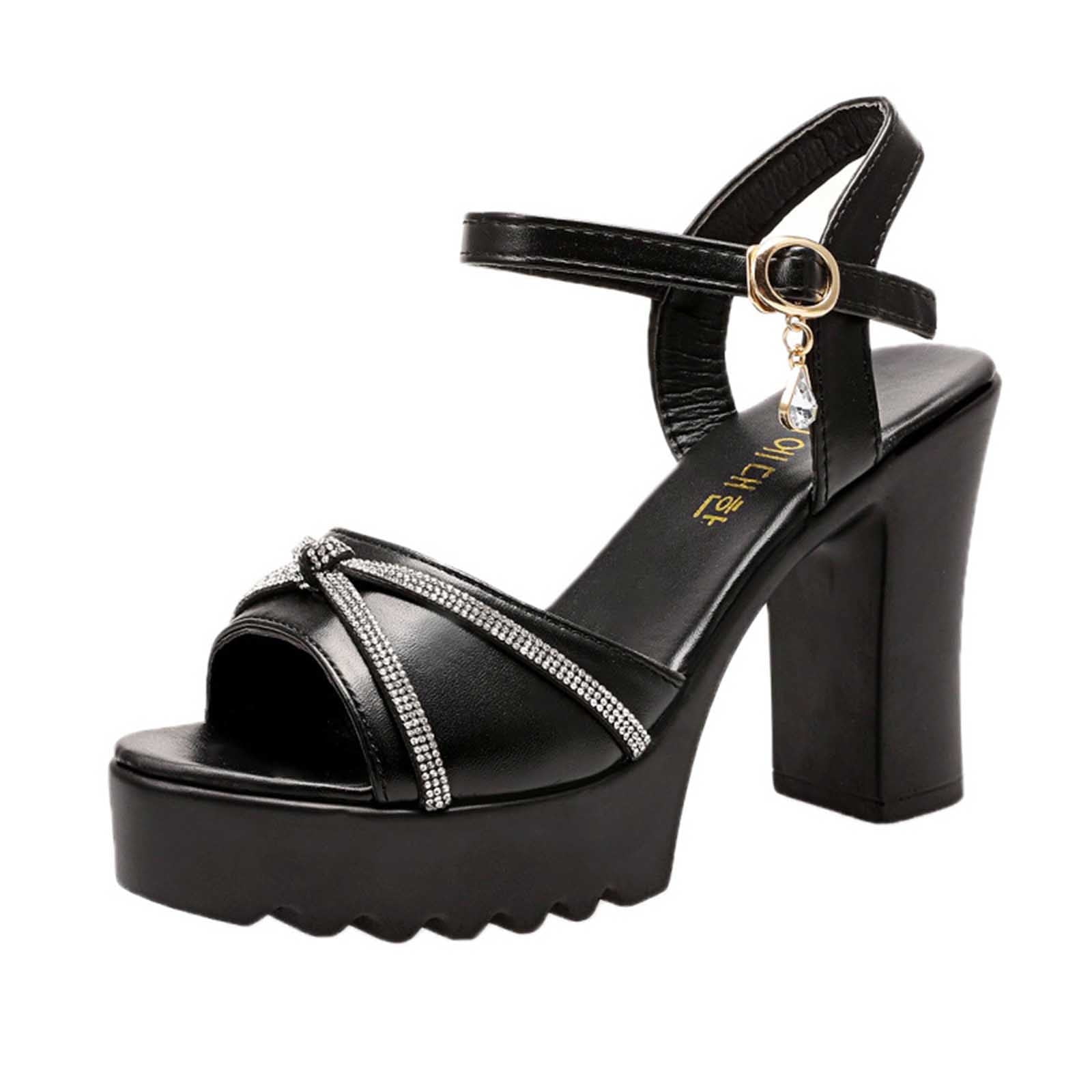 Lovskoo 2024 Women's Platform Heels Rhinestone High Block Chunky Open ...