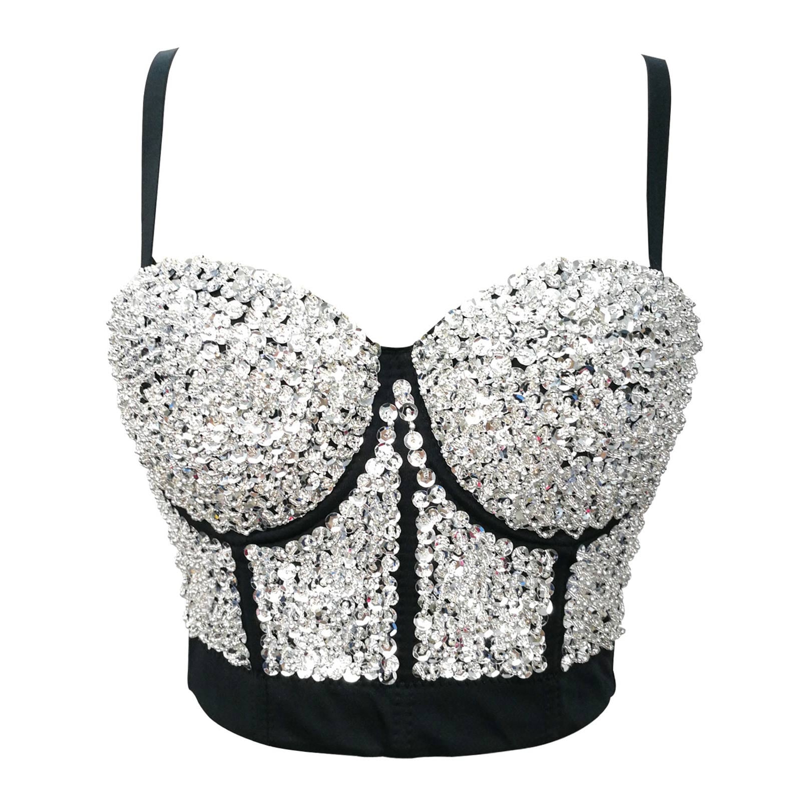 Lovskoo Women's Sparkling Sequins Bustier Crop Top Mesh Corset Top ...
