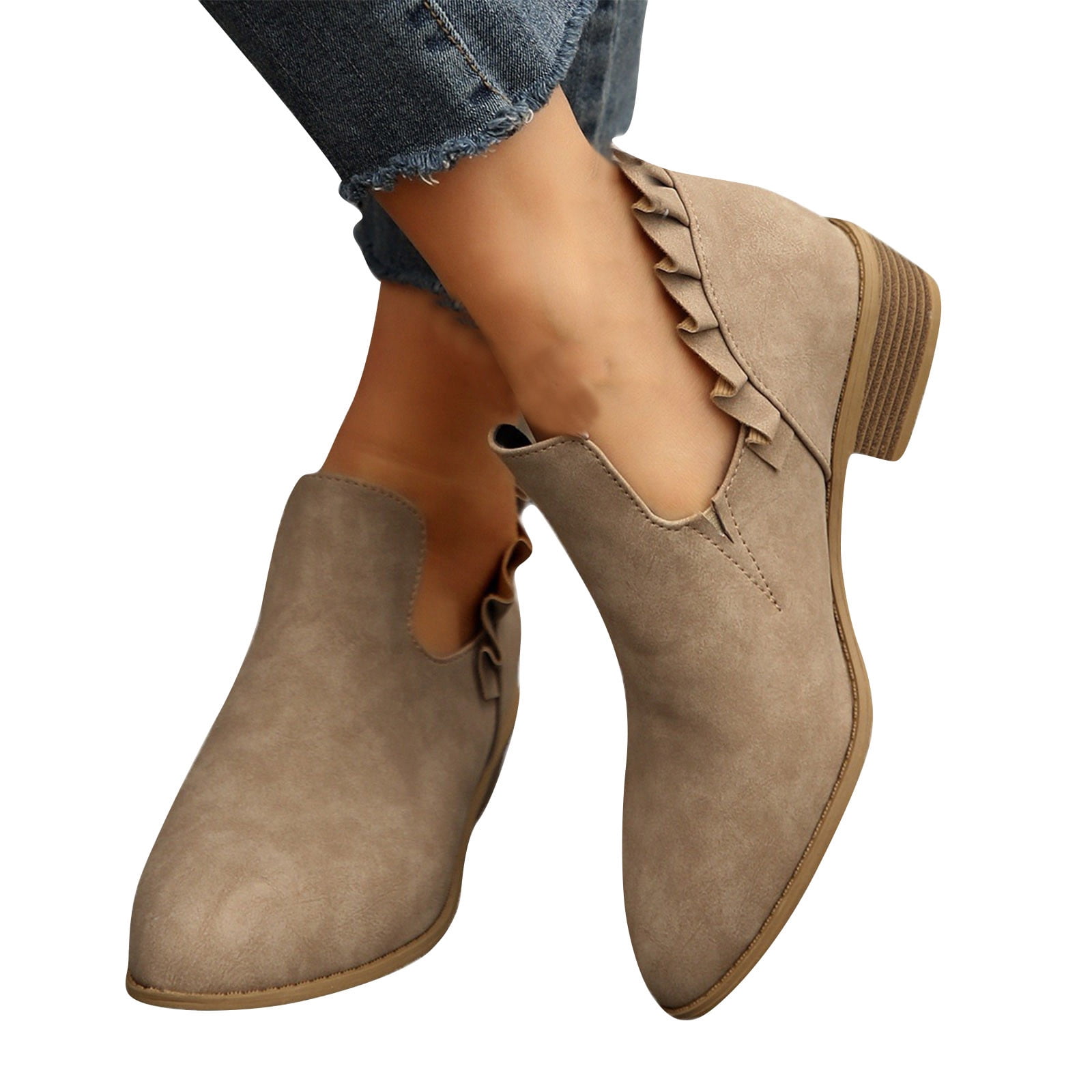 Lovskoo 2024 Women's Plus Size Ruffled Ankle Boots V Cut Out Pointed ...