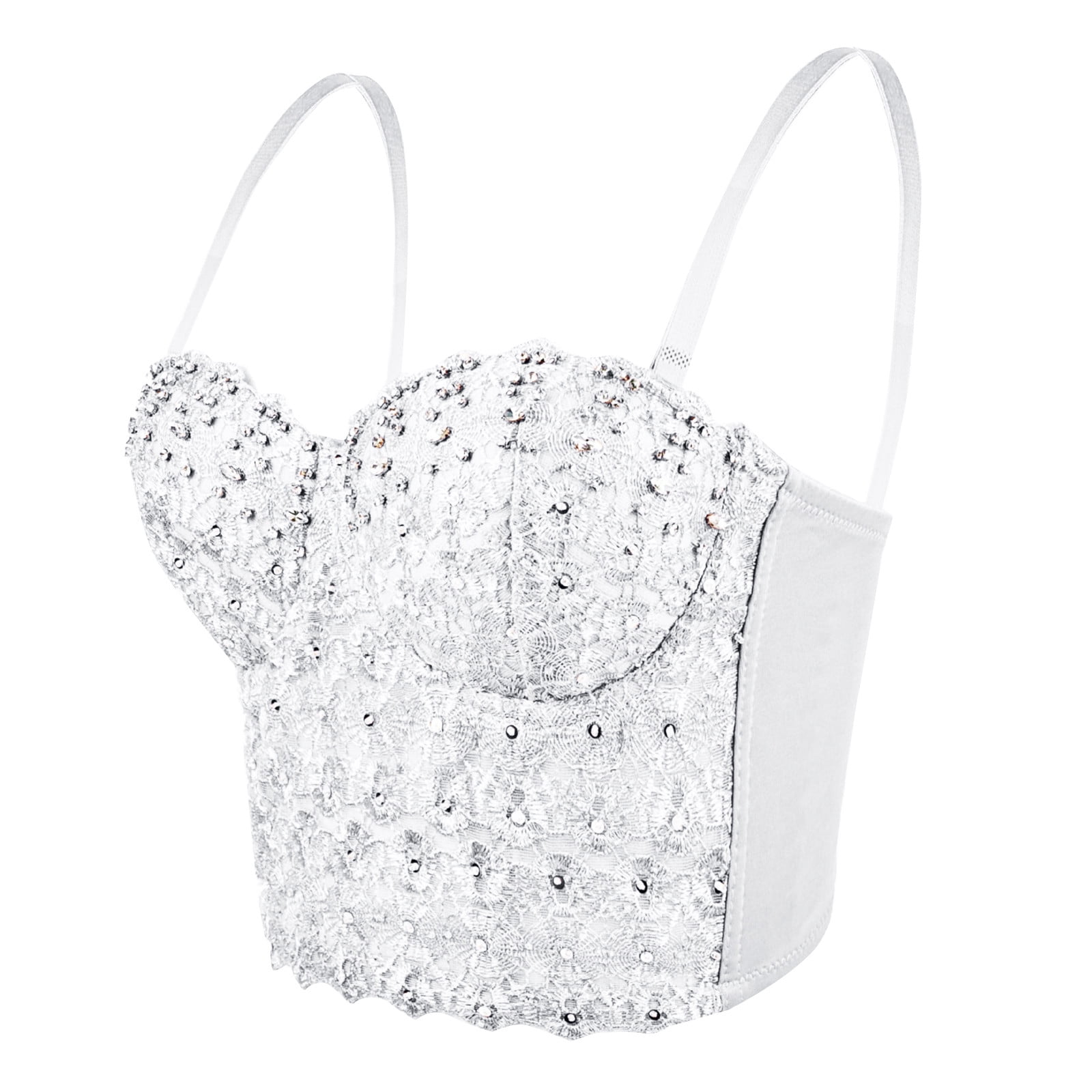 Lovskoo Women's Sparkling Sequins Rhinestone Bustier Crop Top Push Up ...