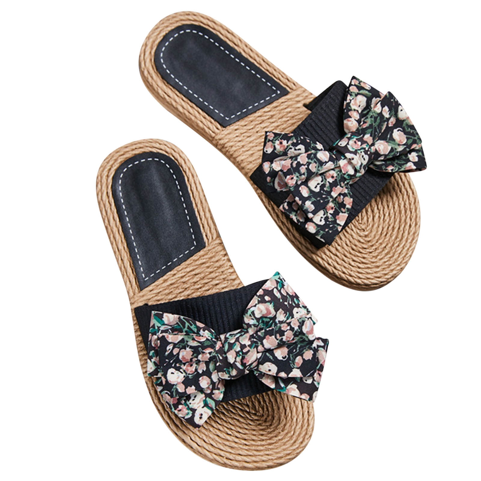 Lovskoo 2024 Women's Slippers Open Toe Flip-Flops Linen Bow Flat Sandals Floral Summer ...