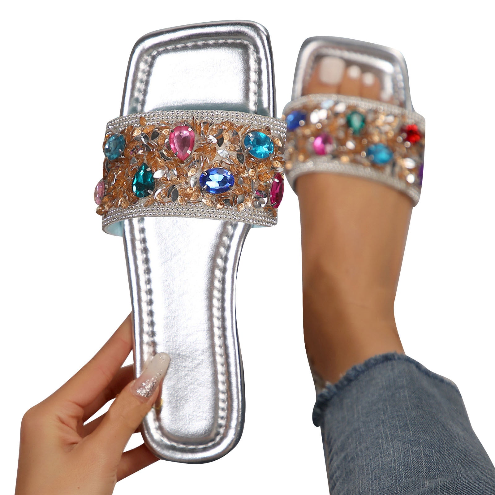 Lovskoo 2024 Women's Slippers Summer Open Toe Extra Large Colorful Jewel One Line Casual Flat ...