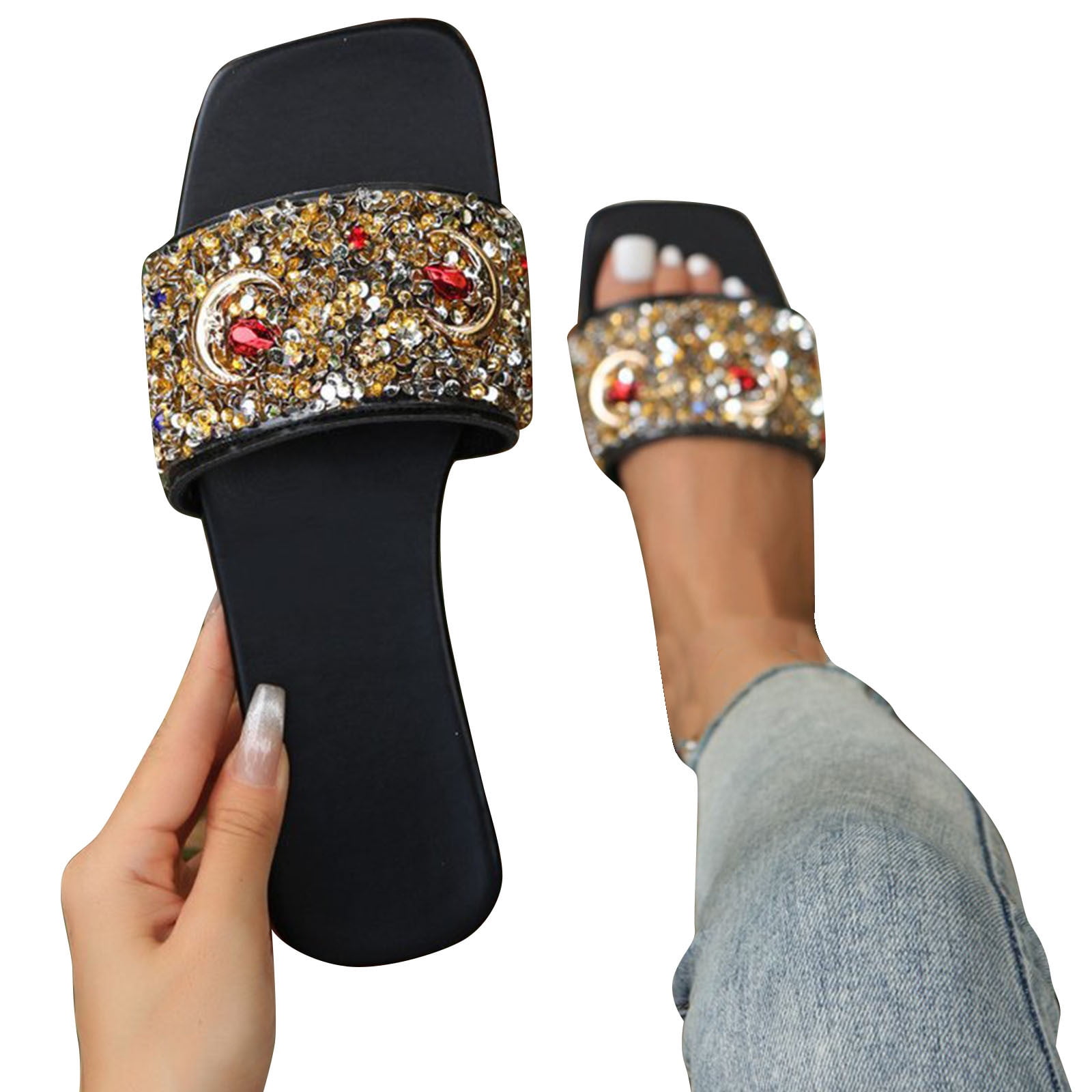 Lovskoo 2024 Women's Slippers Summer Open Toe Rhinestone Flat Sandals Black - Walmart.com