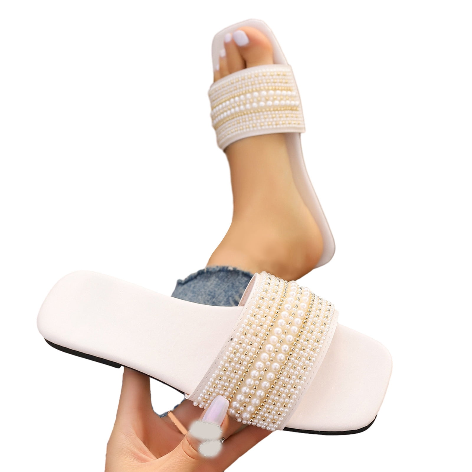 Lovskoo 2024 Women's Slippers Summer Open Toe Rhinestone Flat-Bottom Large Beaded Flip-Flops ...