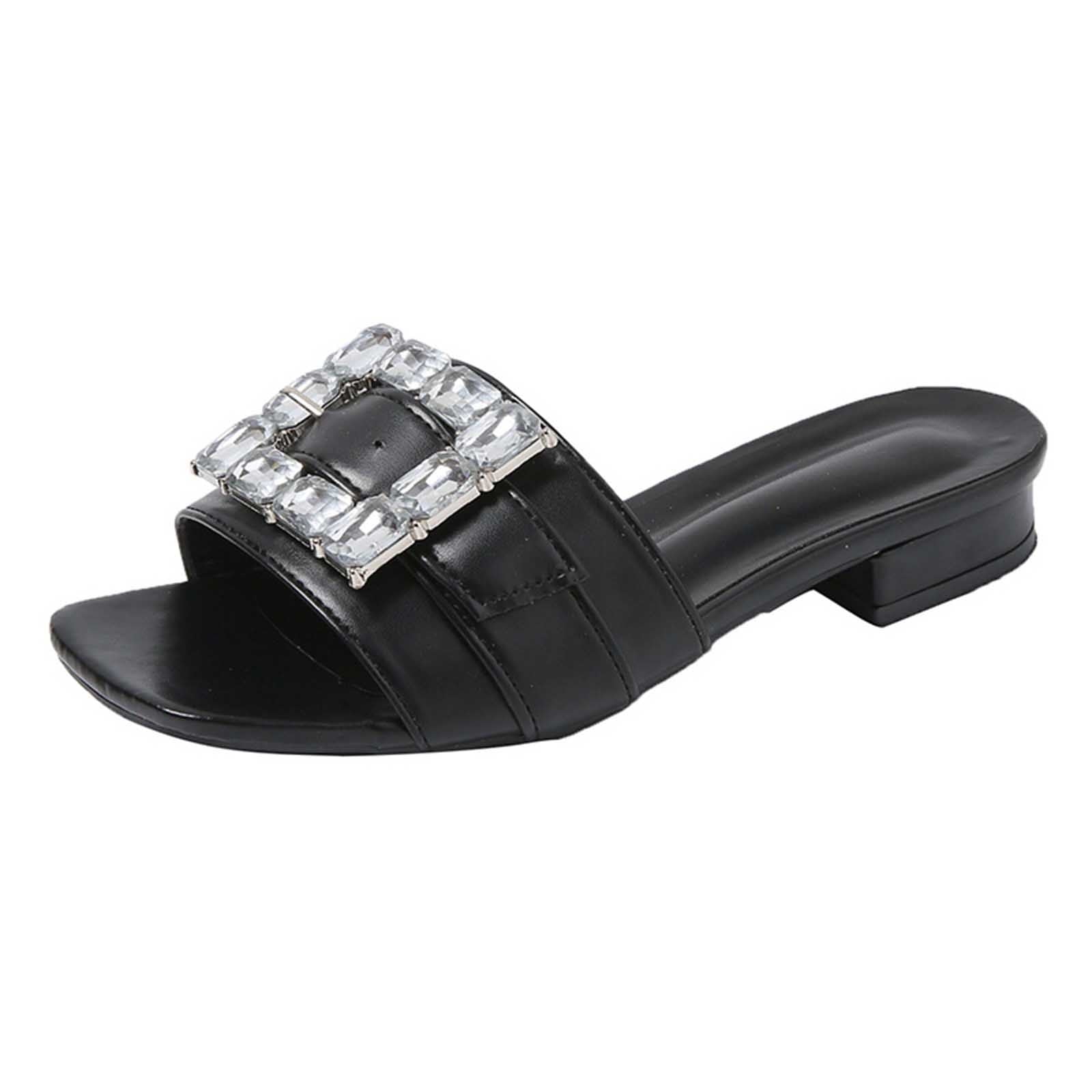 Lovskoo 2024 Women's Slippers Summer Open Toe Rhinestone Oversized Chunky Flat Flip-Flops Black ...