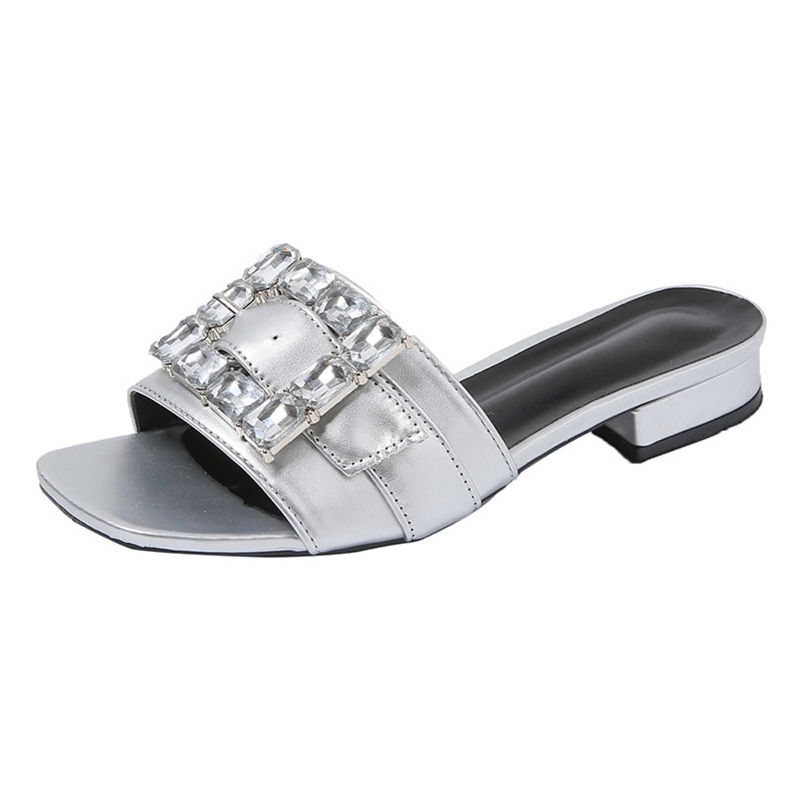 Lovskoo 2024 Women's Slippers Summer Open Toe Rhinestone Oversized Chunky Flat Flip-Flops Silver ...