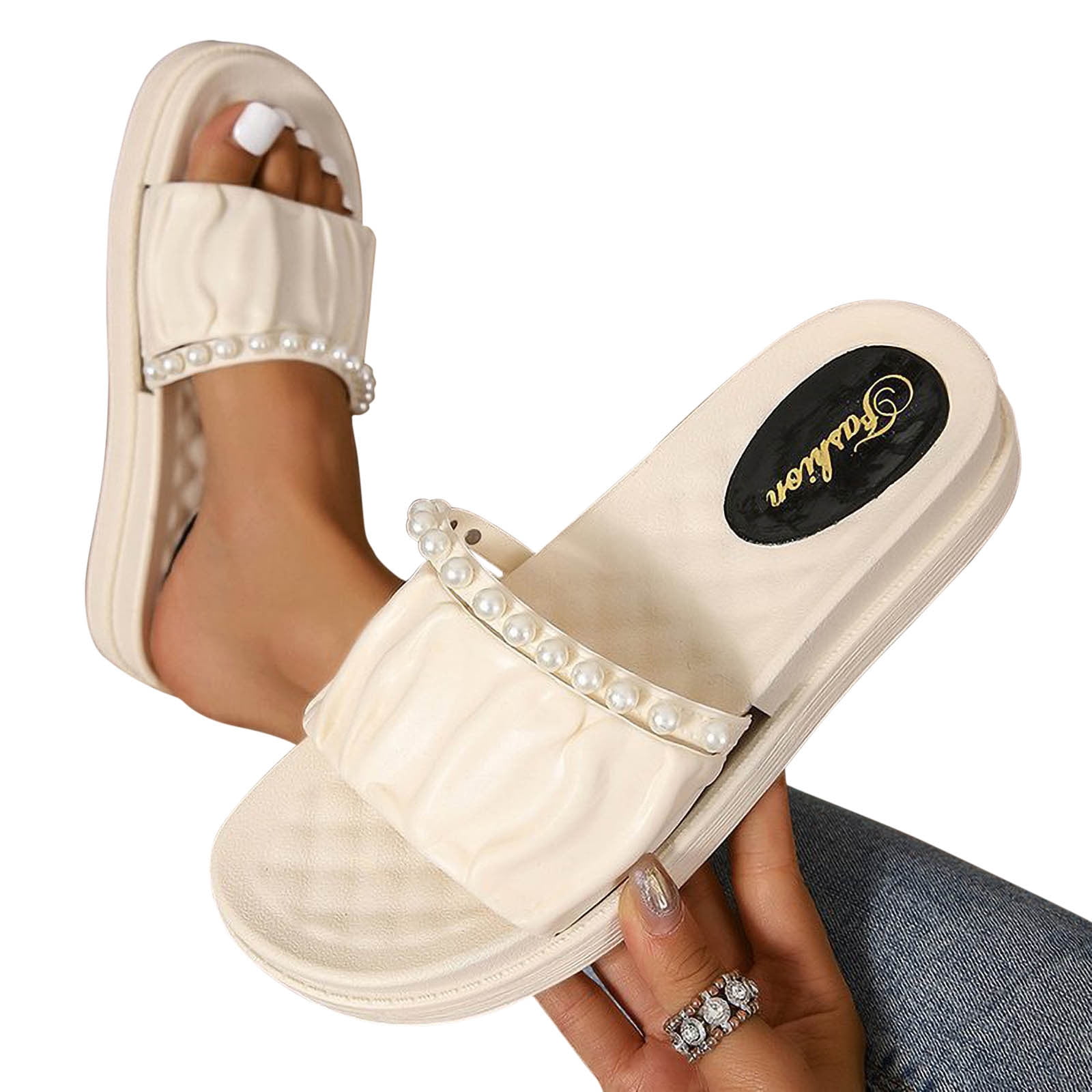 Lovskoo 2024 Women's Slippers Summer Open Toe Solid Colored Pearl Thick Bottom One Line Sandals ...