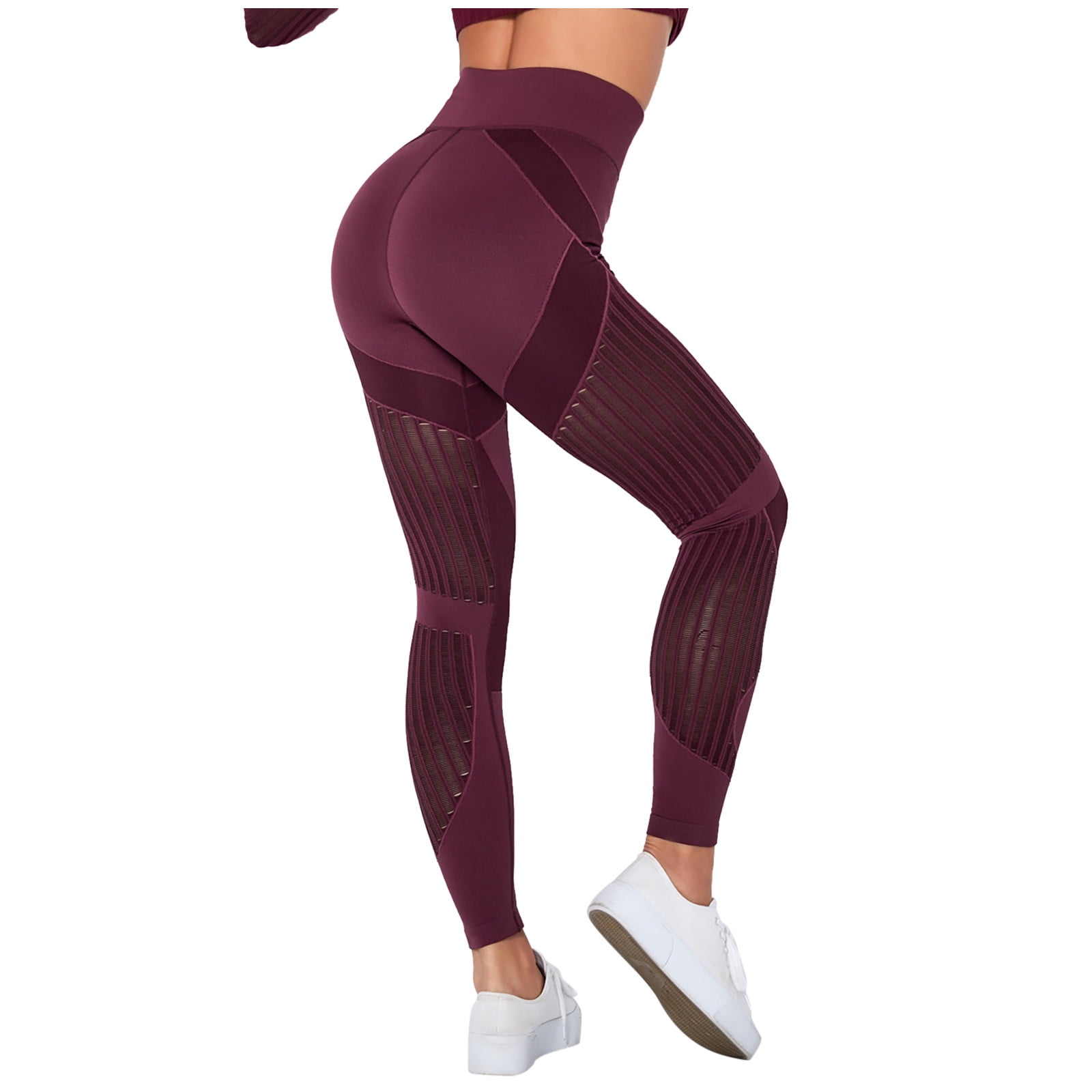 Lovskoo 2024 Women's Solid Color High Waist Leggings Ripped Mesh Tummy ...