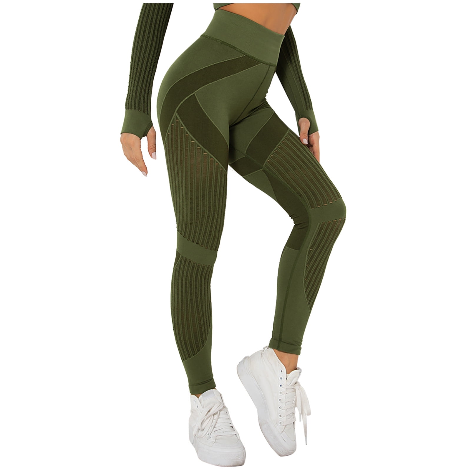 Lovskoo 2024 Women's Solid Color High Waist Leggings Ripped Mesh Tummy ...