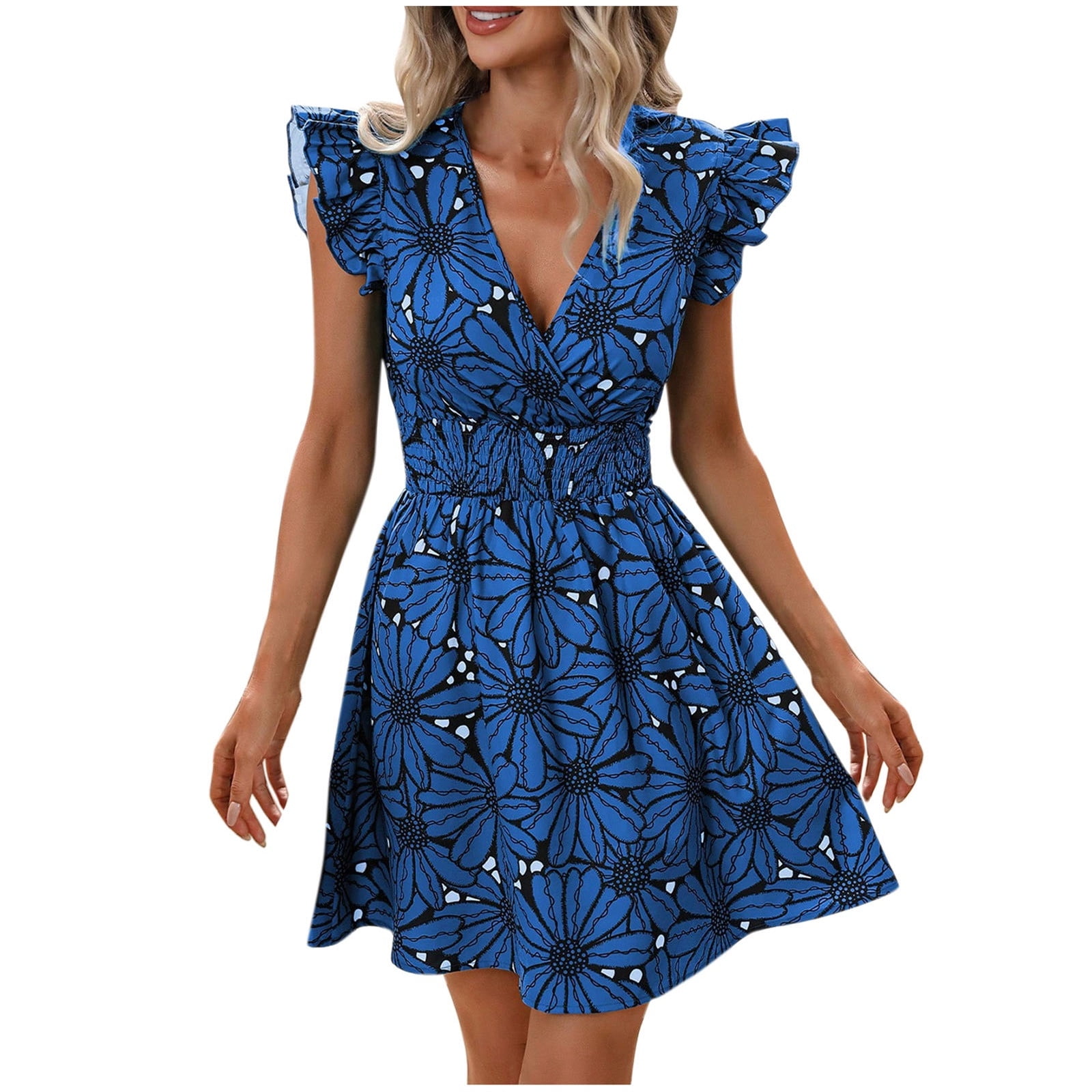 Lovskoo 2024 Women's Summer Dress Floral V Neck Smocked Waist Ruffled ...