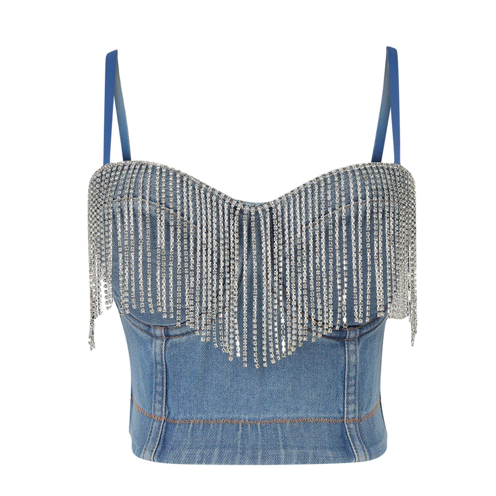 Lovskoo 2024 Women's Tassel Rhinestone Diamond Denim Tank Top Beaded ...