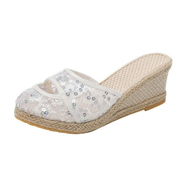 Women's Chinese Sequin Mesh Floral Slipper Platform Wedge Sandals ...