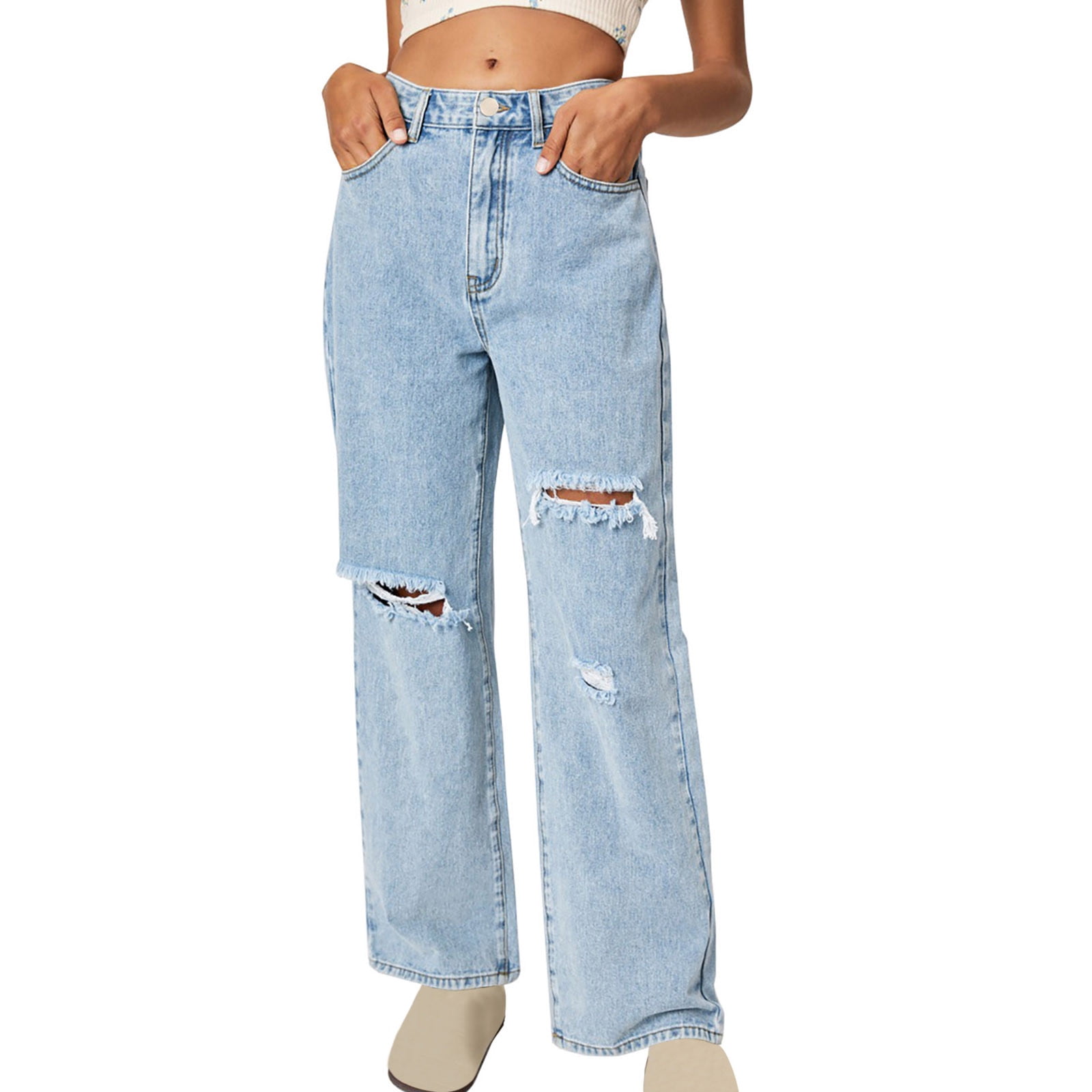 Lovskoo 2024 Women's Wide Leg Jeans Ripped Distressed High Waist ...