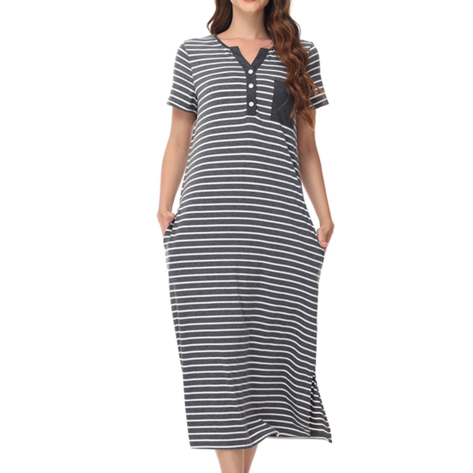 Lovskoo 2024 Womens Cotton Nightgown Long Loungewear V Neck Striped ...