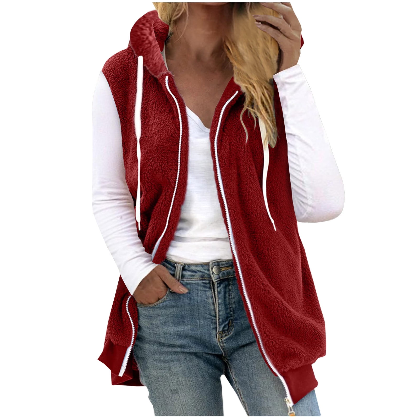 Lovskoo 2024 Womens Fuzzy Fleece Vest Cozy Sleeveless Winter Warm Vests ...
