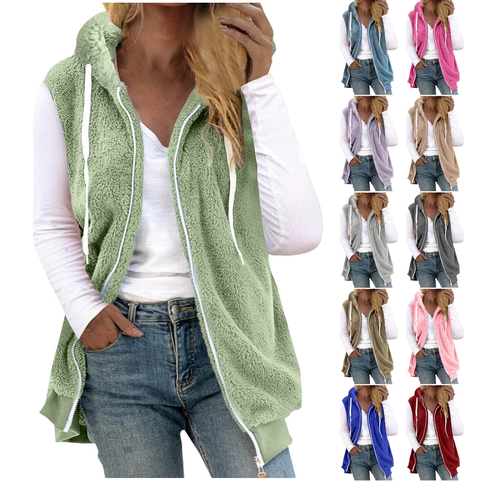 Lovskoo 2024 Womens Fuzzy Fleece Vest Cozy Sleeveless Winter Warm Vests ...