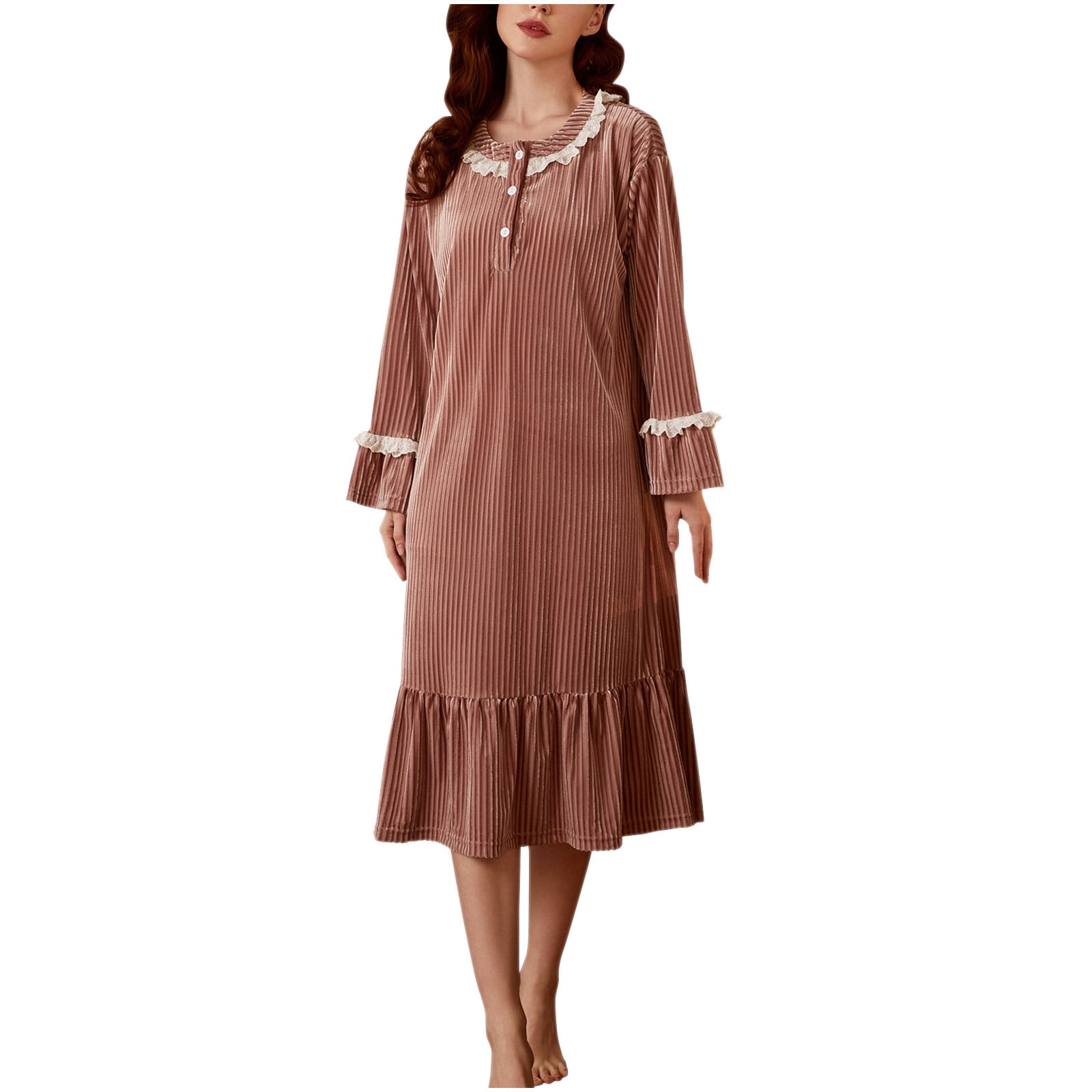 Lovskoo 2024 Womens Long Sleeve Nightgown Velvet Sleep Dress Ruffle ...