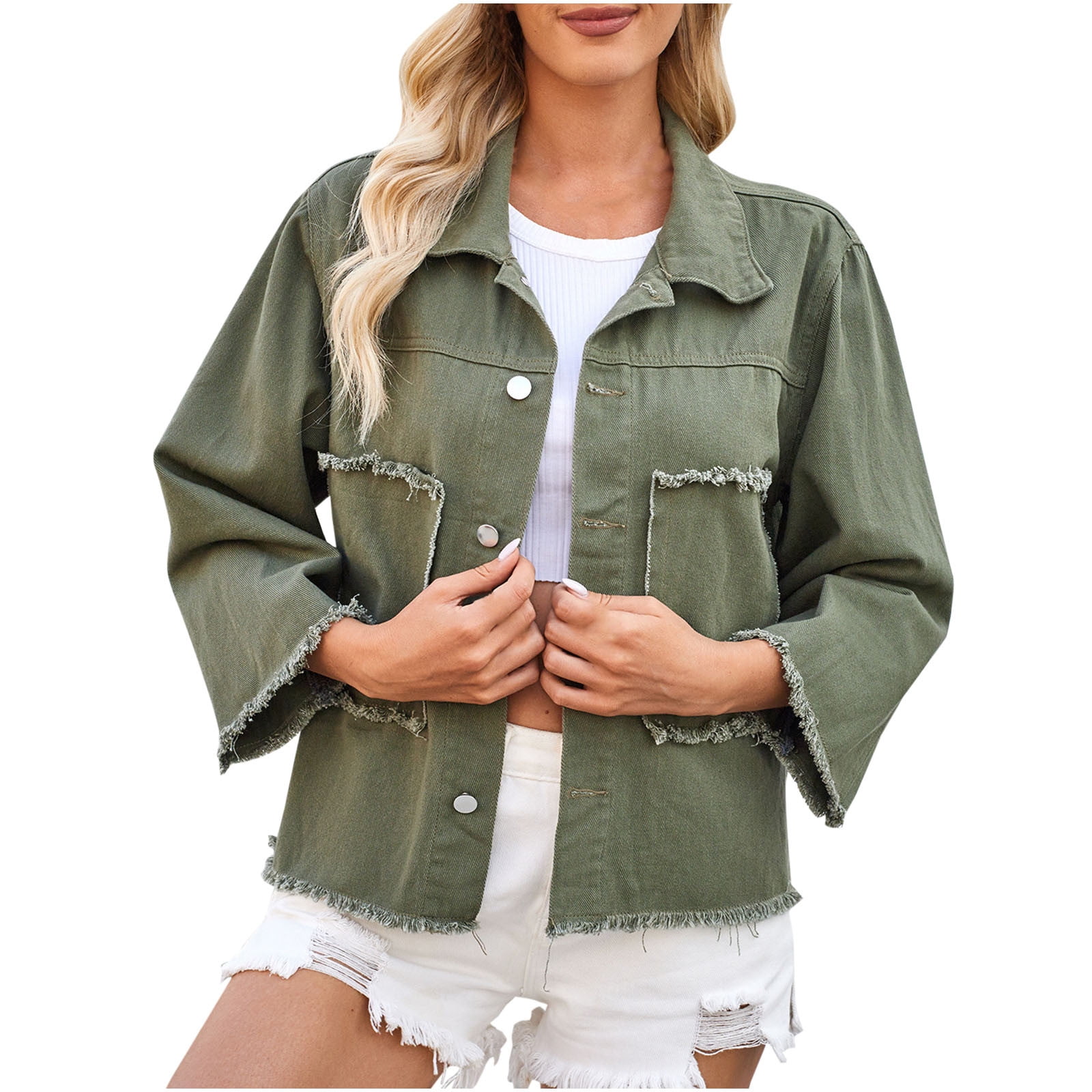 Lovskoo 2024 Womens Long Sleeve Short Denim Jacket Lapel Button Down ...