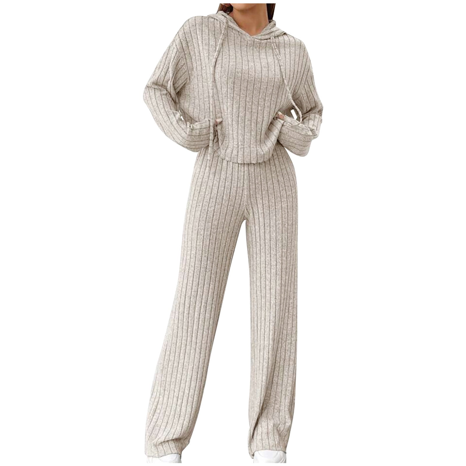 Lovskoo 2024 Womens Ribbed Knit Hooded Pajamas Set Long Sleeve Matching ...
