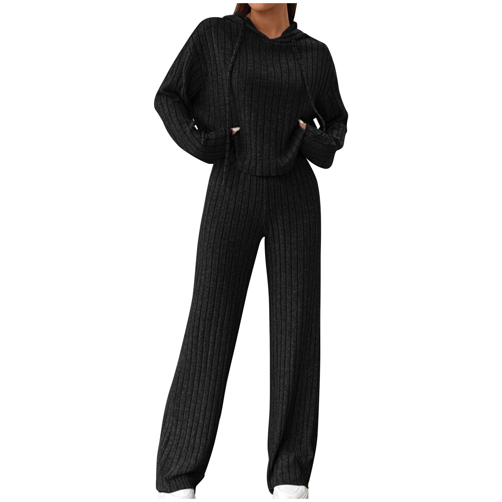 Lovskoo 2024 Womens Ribbed Knit Hooded Pajamas Set Long Sleeve Matching