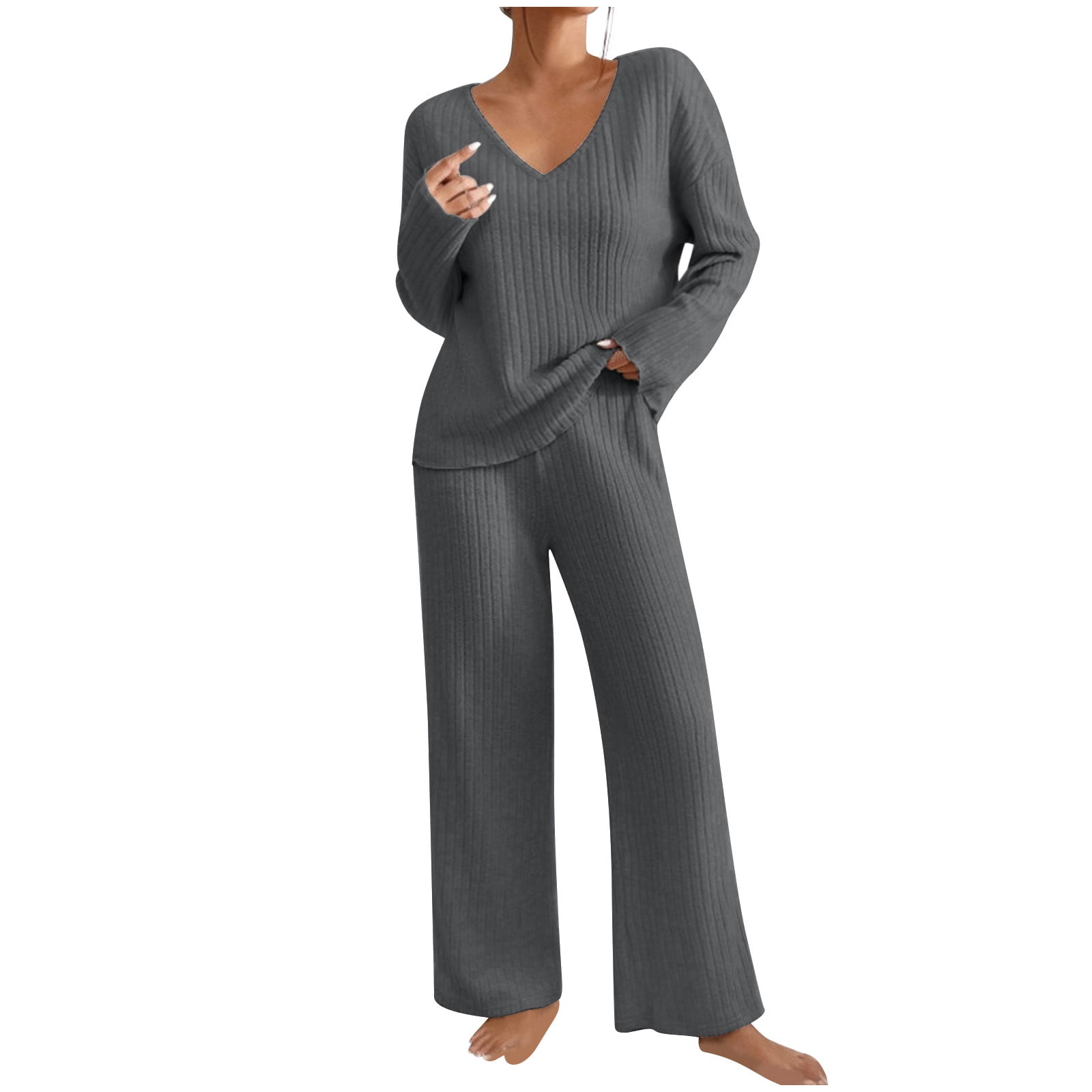 Lovskoo 2024 Womens Ribbed Knit Pajamas Set V Neck Long Sleeve Matching ...