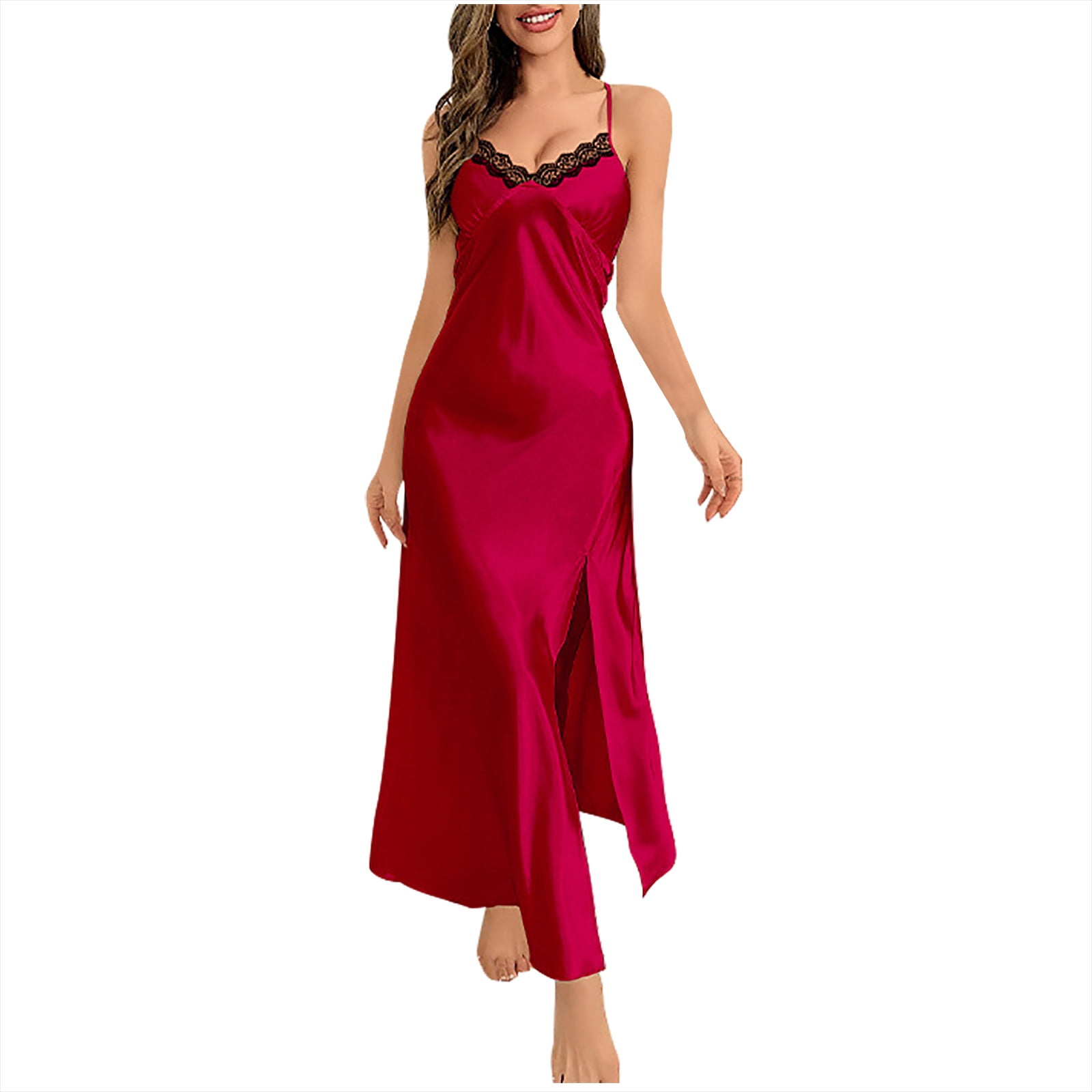Lovskoo 2024 Womens Satin Chemises Nightgown Full Slip Split Sleep ...
