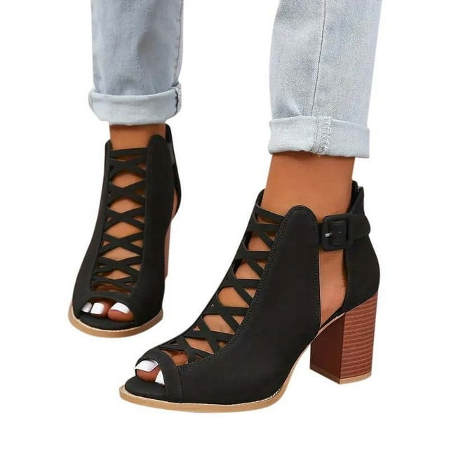 Lovskoo 2024 Womens Summer Peep Toe Stacked Heels Sandals Open Toe Cut ...