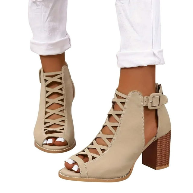Lovskoo 2024 Womens Summer Peep Toe Stacked Heels Sandals Open Toe Cut ...