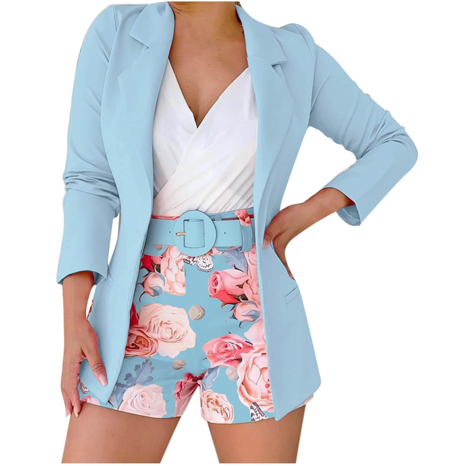 Lovskoo 3 Piece Blazer Sets for Women Open Front Button Blazer + Shorts ...