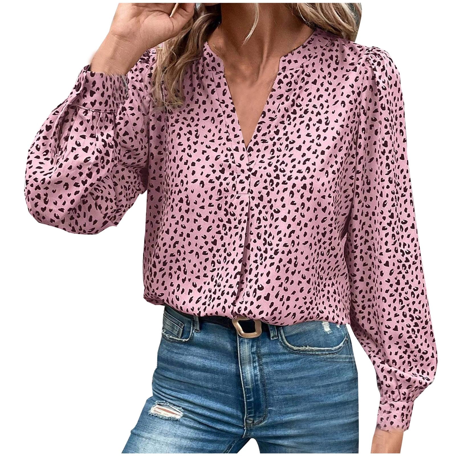 Lovskoo Collared Shirts for Women V-Neck Leopard Print Long Sleeved ...