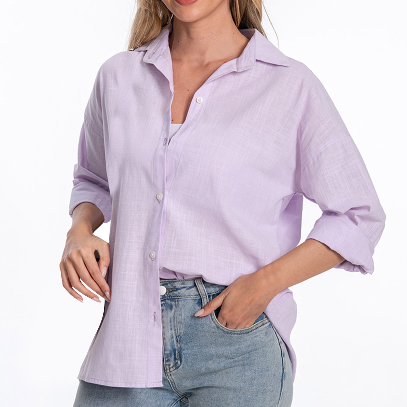 Lovskoo Cotton Linen Summer Tops for Women 2024 Button Down Collared 3/ ...