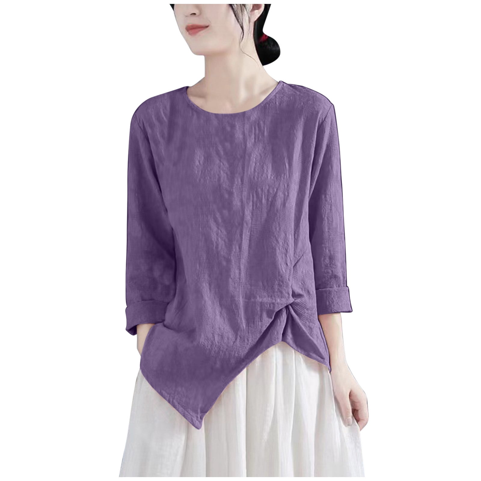 Lovskoo Cotton Linen Summer Tops for Women 2024 Round Neck 3/4 Sleeve ...