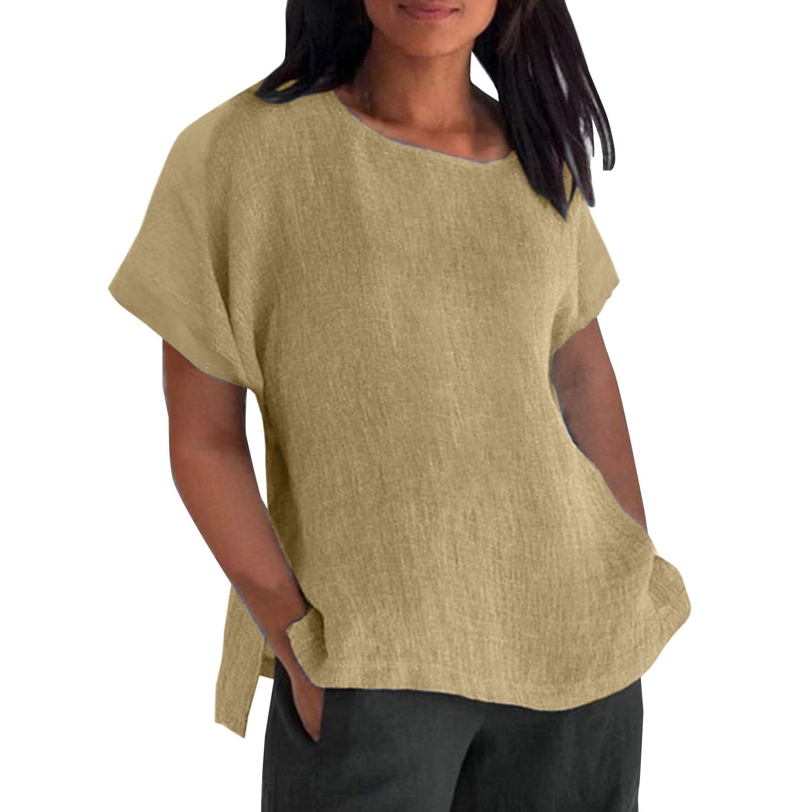 Lovskoo Cotton Linen Summer Tops for Women 2024 Round Neck Short Sleeve ...