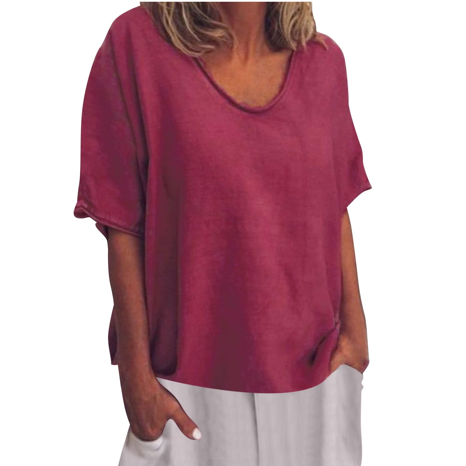 Lovskoo Cotton Linen Summer Tops for Women 2024 Scoop Neck Short Sleeve ...